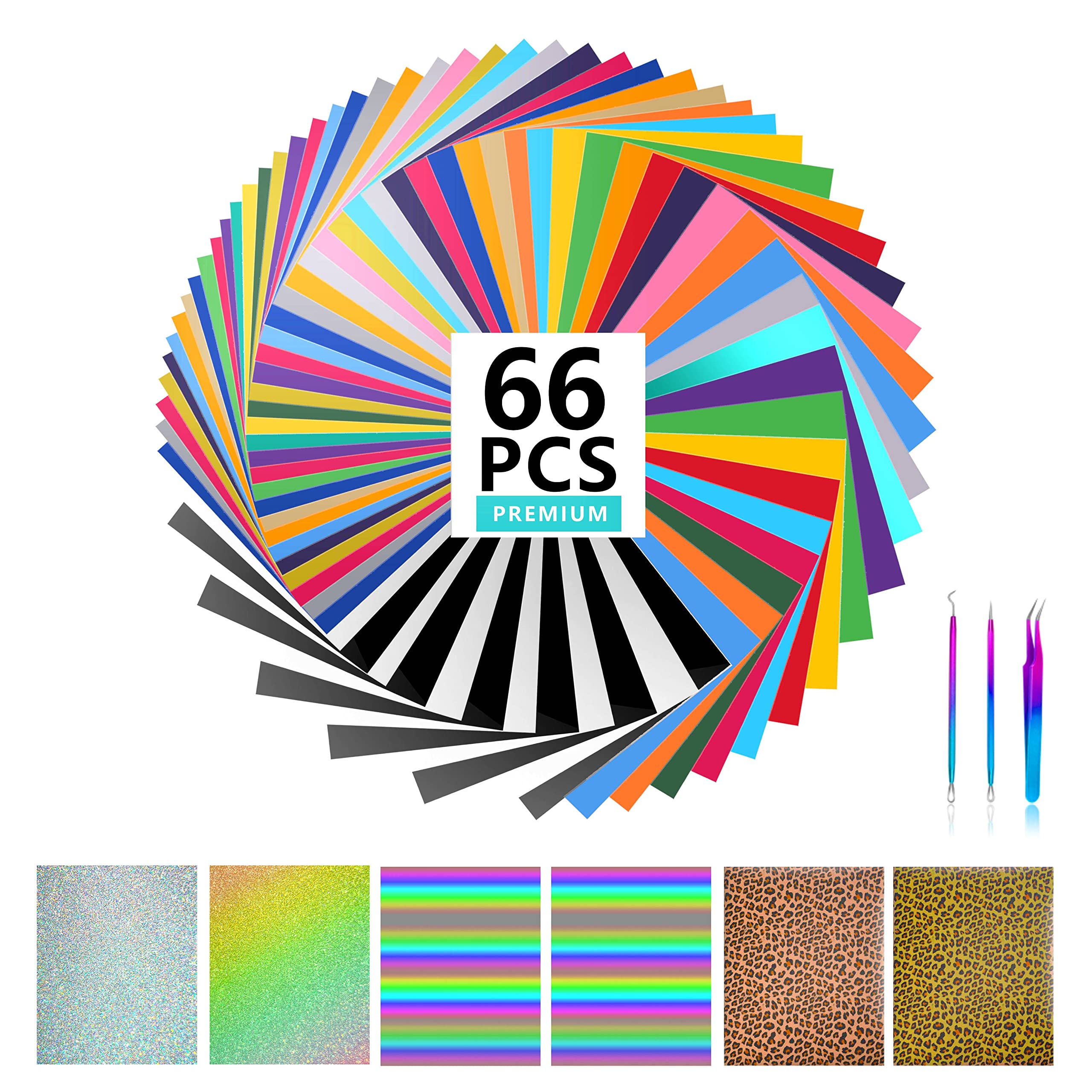 Lvoess HTV Heat Transfer Vinyl Bundle, 66 Pack 12" x 10" Iron on Vinyl Sheets with 3 Pcs Weeding Tools Set, Easy Cut & Weed, for Heat Press Design T-Shirts, Silhouette Cameo or Heat Press Machine