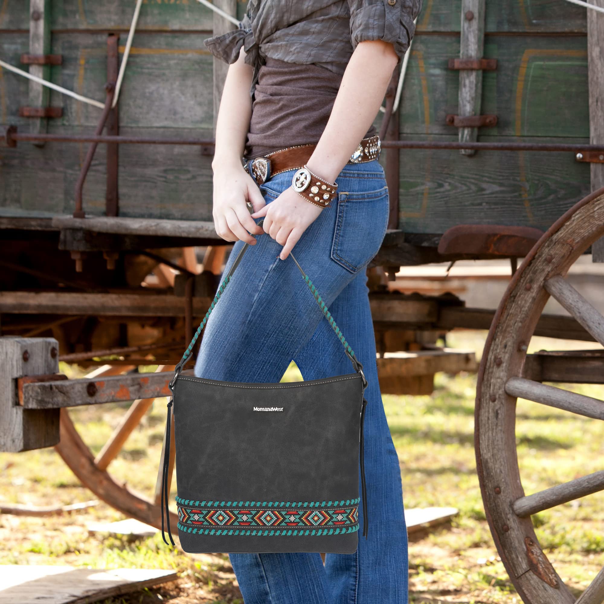 Montana West Concho Collection Concealed Carry Tote MW1074G-918BK+W
