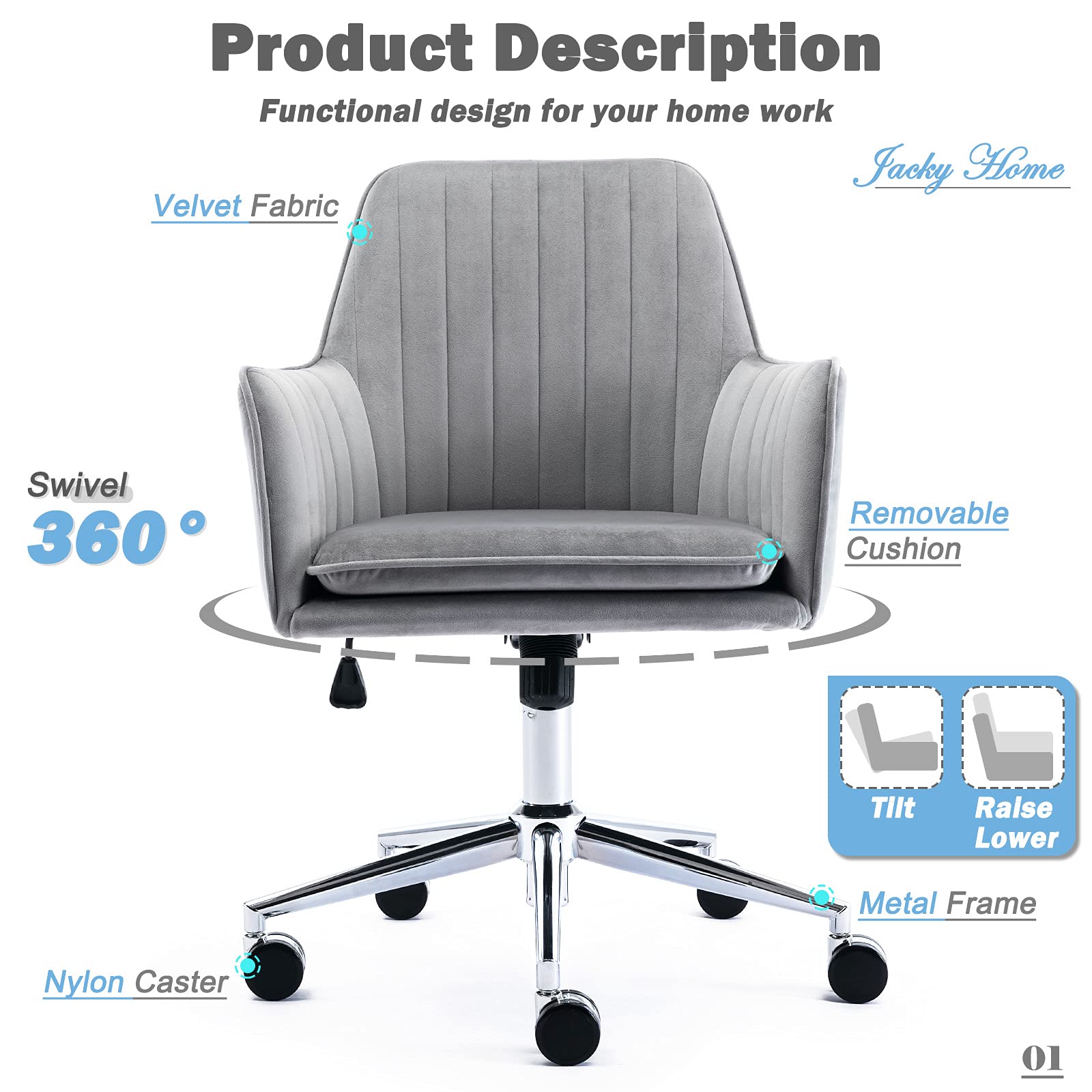 Jacky Home Velvet Office Desk Chair with Mid-Back, Modern Height Adjustable 360° Swivel Upholstered Computer Task Chair with Arms and Wheels for Study Room Living Room Bedroom (Grey)