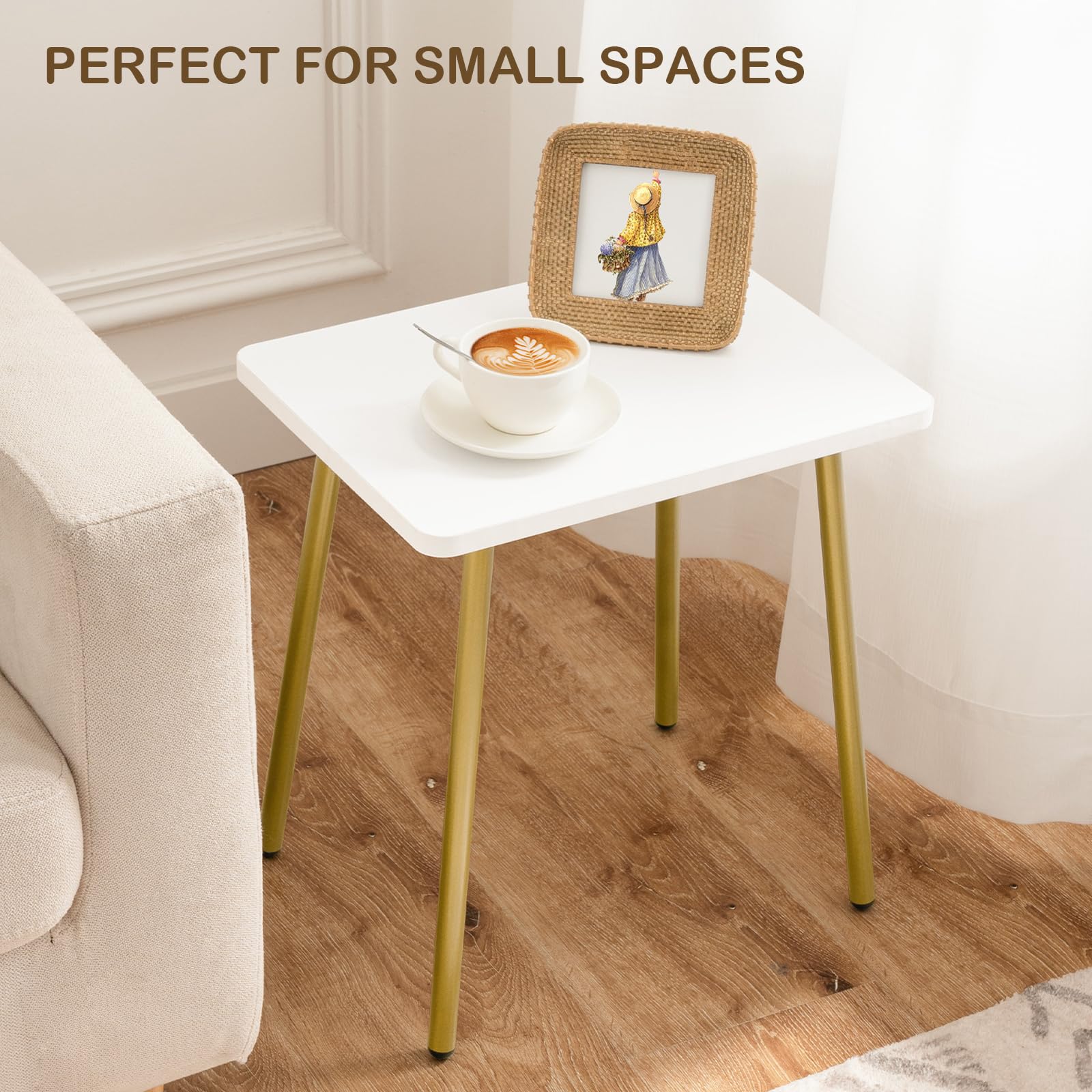 HOOBRO Side Table, Small White Accent End Table, Modern Nightstand for Living Room, Bedroom, Balcony, Easy Assembly, White and Gold DW87BZ01