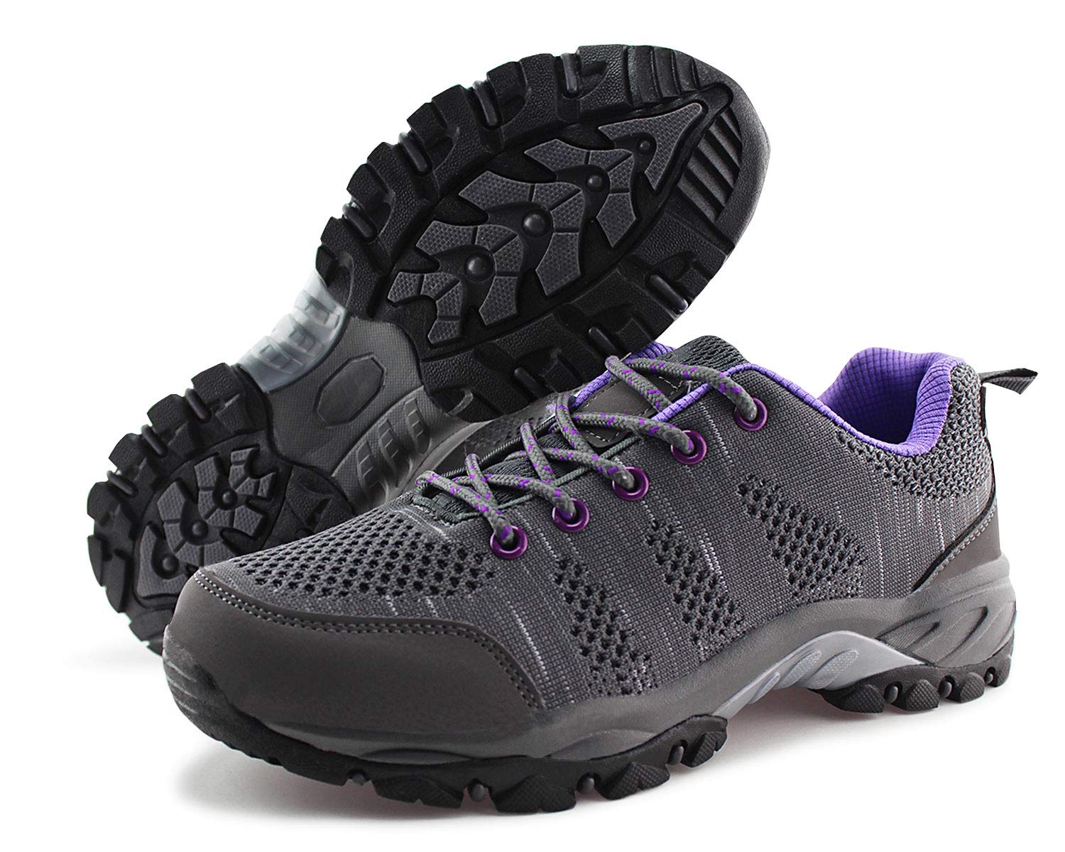 JABASIC Women Hiking Shoes Breathable Mesh Athletic Outdoor Sneakers (Grey/Purple,7)