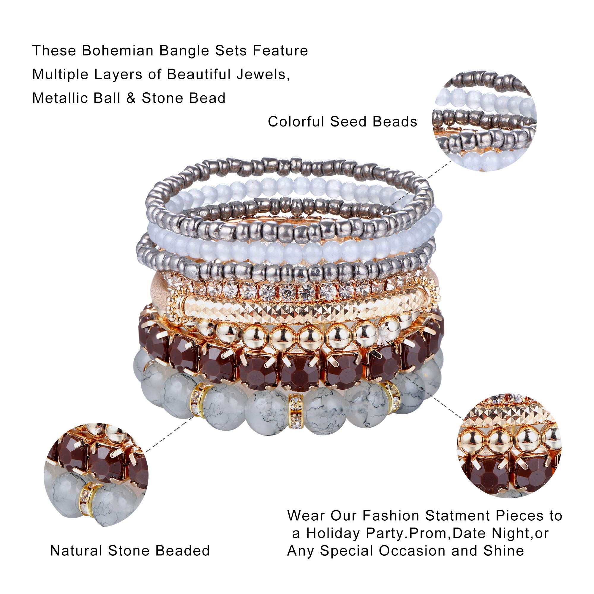 Magitaco 6 Sets Bohemian Stackable Bead Bracelets for Women Multilayered Stretch Bracelet Set Multicolor Fashion Jewelry Style C