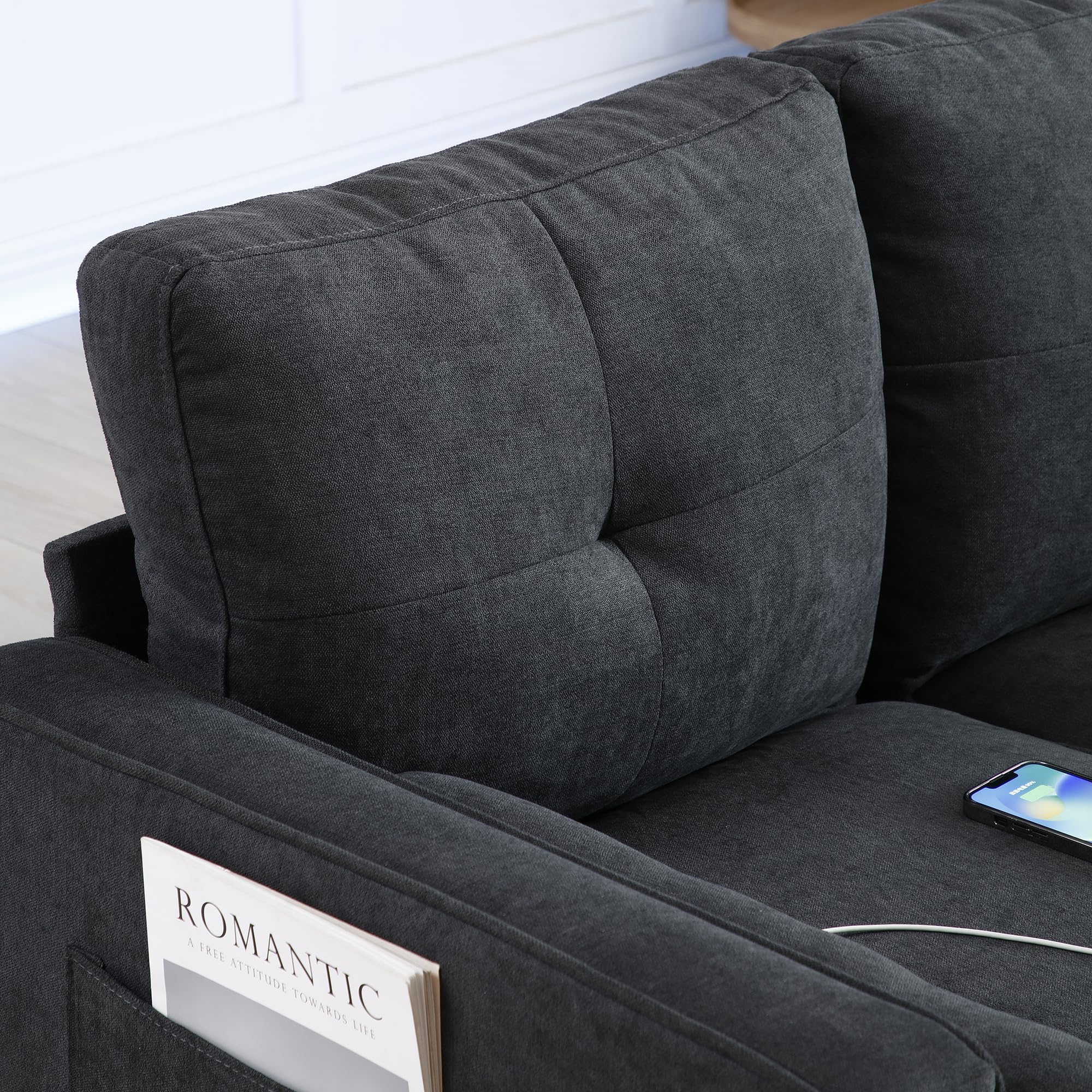 ZJT 75 Inch 3-Seater Sectional Sofa with Charging Station, L-Shaped Reversible Couches with LED Lights, Storage Ottoman and 2 Side Pockets, Linen Corner Sofa for Living Room (Black)