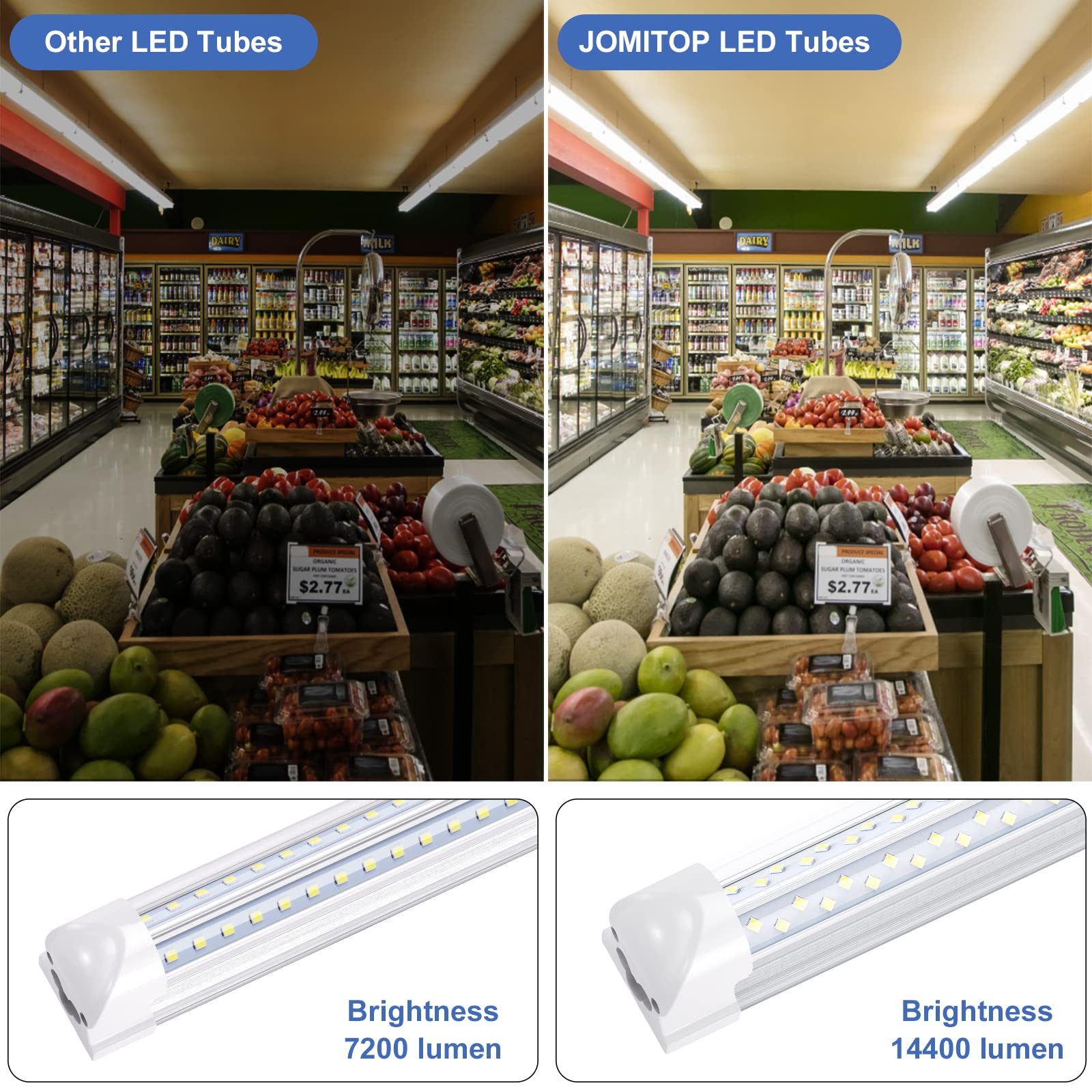 JOMITOP 8 Ft Integrated LED Tube Light 120W T8 V Shaped 96" Four Row 14400 Lumens(300W Fluorescent Equivalent) Clear Cover Super Bright White 6500K Pack of 6