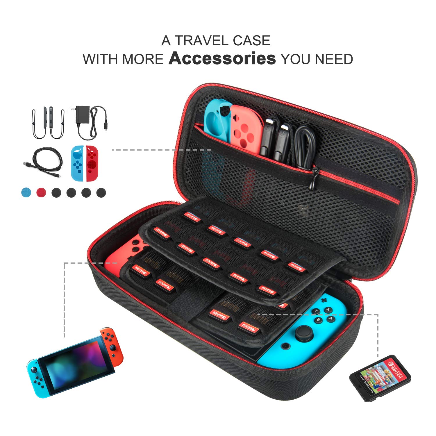 Keten 13 in 1 Switch Accessories Kit, Including Travel Carrying Case, NS Switch Clear Cover Case, Adjustable Stand, Tempered Glass Screen Protector (2 Packs)