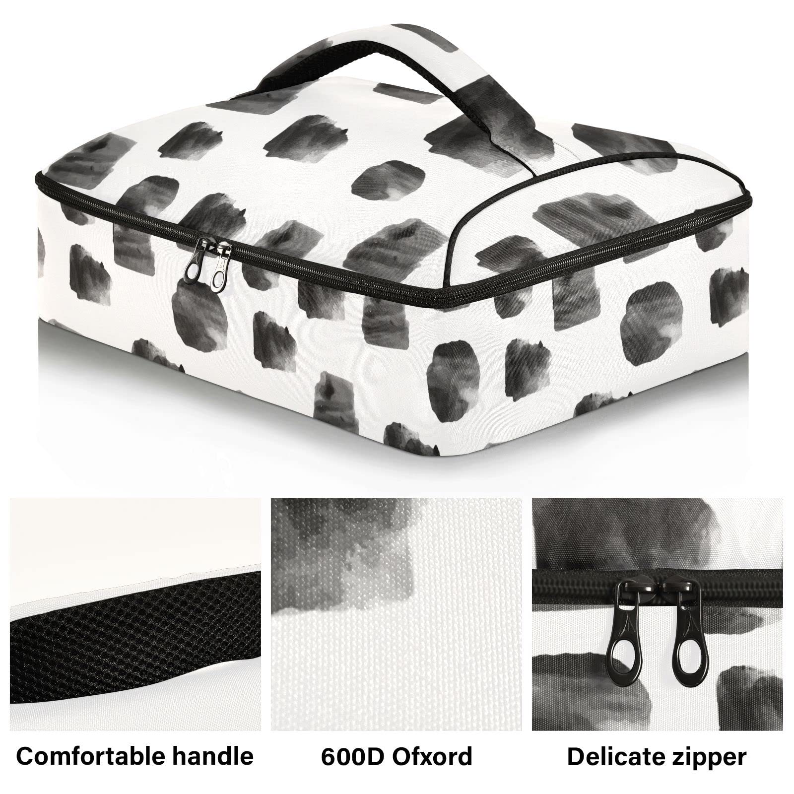 Seamless Black Ink Spots Hand Drawn Black Spots Stains on White Reusable Insulated Pizza Bag, Waterproof Food Delivery Bag, with Handle Lid Leakproof Pizza Holder Tote for Hot or Cold Food
