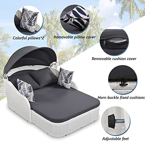 Heasege 79.9" Outdoor Sunbed with Adjustable Canopy, Double Lounge, PE Rattan Daybed, White Wicker, Gray Cushion