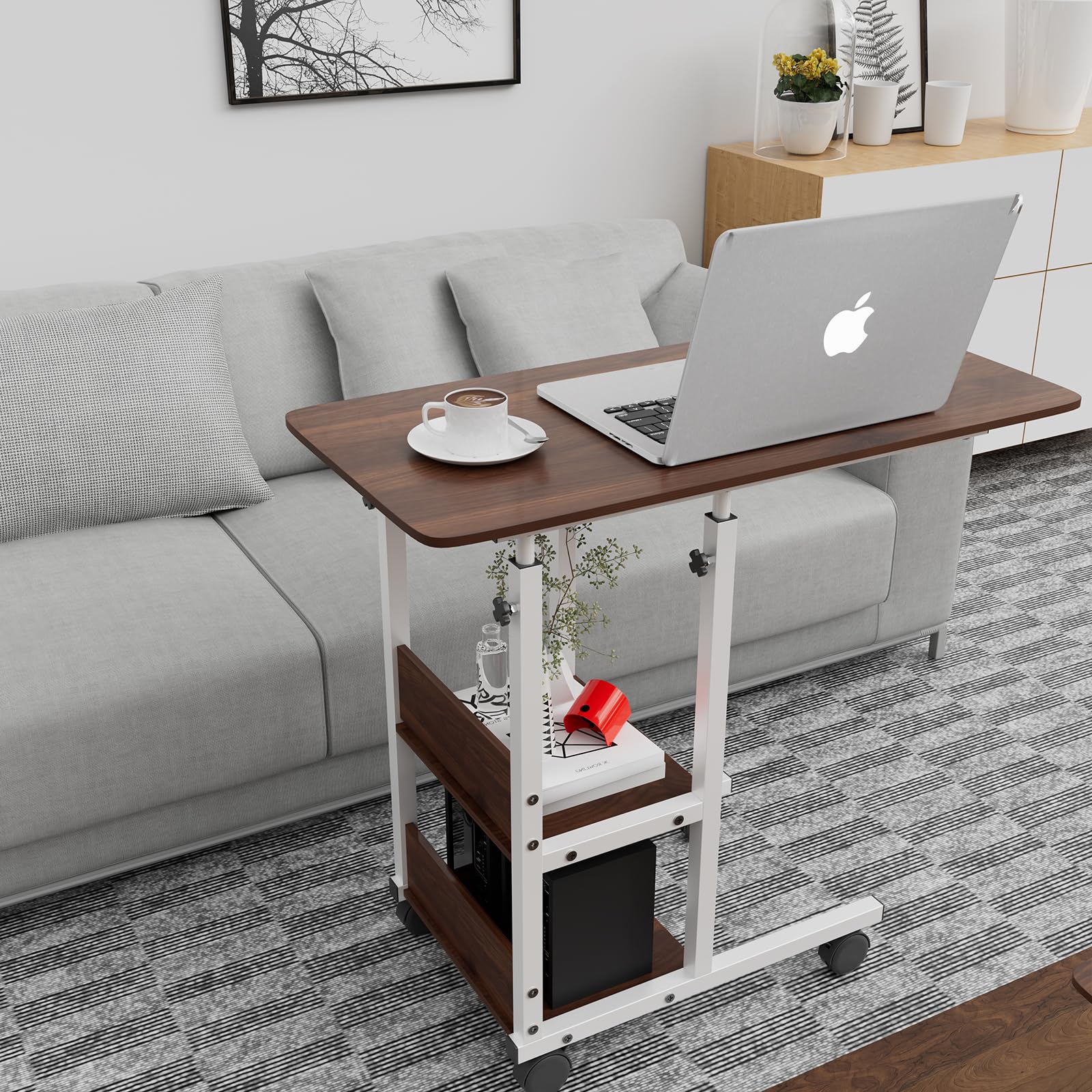 JACENHONE Home Office Desk Height Adjustable End Table Creative Laptop Cart Side Table with Wheels & Storage Shelves for Study Room Bedroom Living Room 16" D x 31" W x 33" H (Walnut)