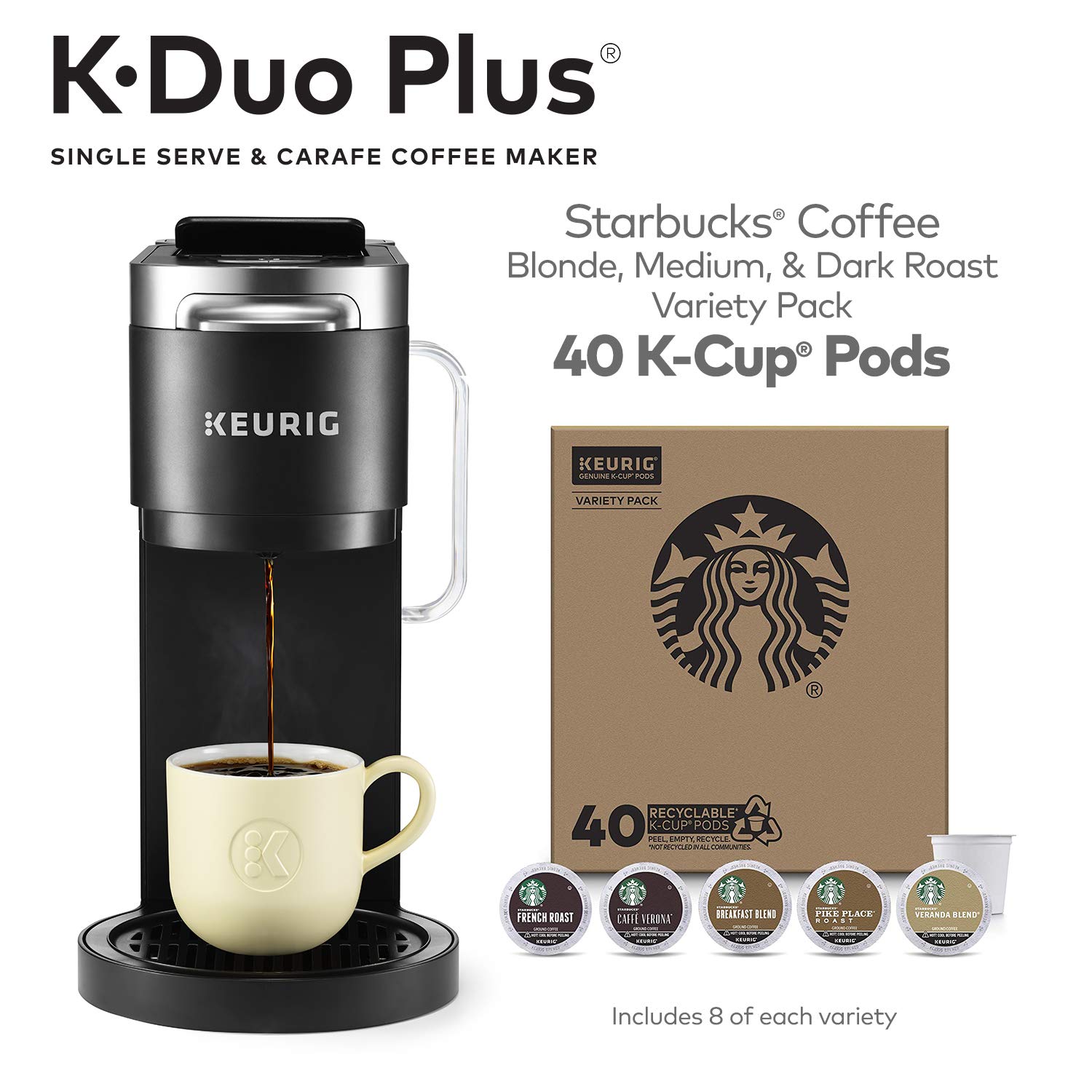Keurig K-Duo Plus Coffee Maker, Single Serve and 12-Cup Carafe Drip Coffee Brewer, Black + Starbucks K-Cup Coffee Pods β Blonde, Medium & Dark Roast Variety β 1 Box (40 Pods Total)