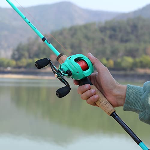 Sougayilang Baitcaster Combo, 2Pc Baitcasting Fishing Rod and Reel Combo, Twin-Tip M/MH Fishing Pole and Baitcasting Reel-Green-6.9ft-Right Handle