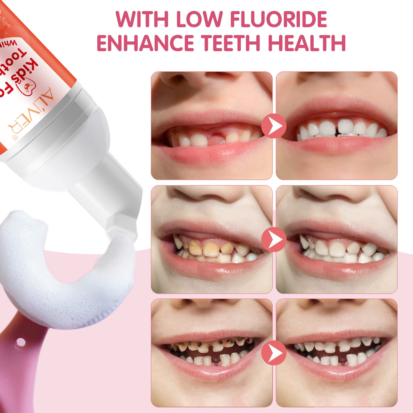 Kids Bubble Toothpaste, Toddler Toothpaste with Low Fluoride, Foaming Toothpaste and Mouthwash for Dental Care 60ml (Strawberry)