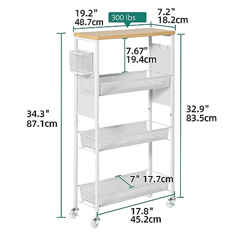 YITAHOME 4-Tier Slim Rolling Cart, Kitchen Cart with Wheels, Storage Cart with Wooden Tabletop and Mesh Baskets, Mobile Utility Cart for Narrow Space for Kitchen, Bathroom, Laundry Room,White
