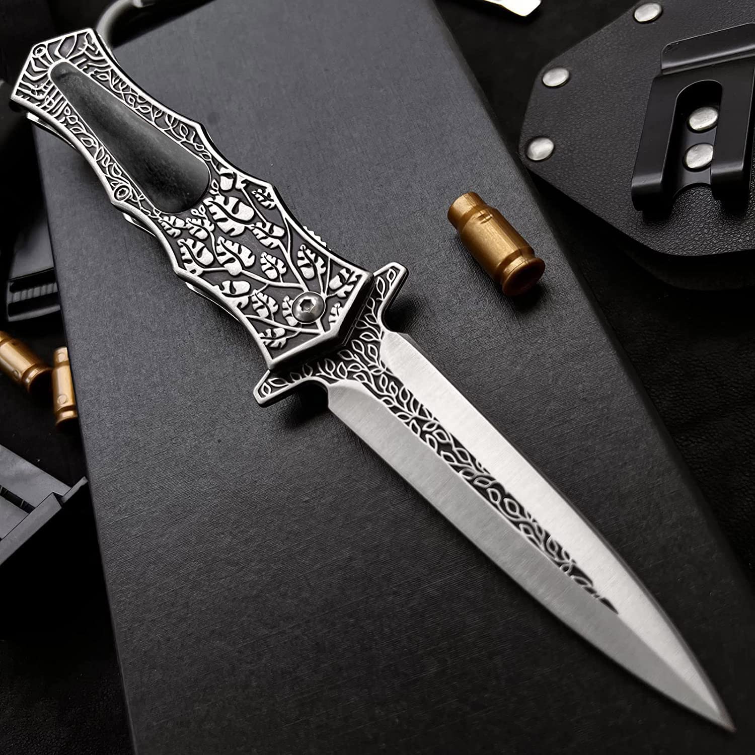 NAXFUSS Camping Tactical Japanese Pocket Knife with Leaf Patterned Wooden Handle and Clip - 8.9" EDC Hunting Survival Folding Knife with Clip, Unique Gifts for Men