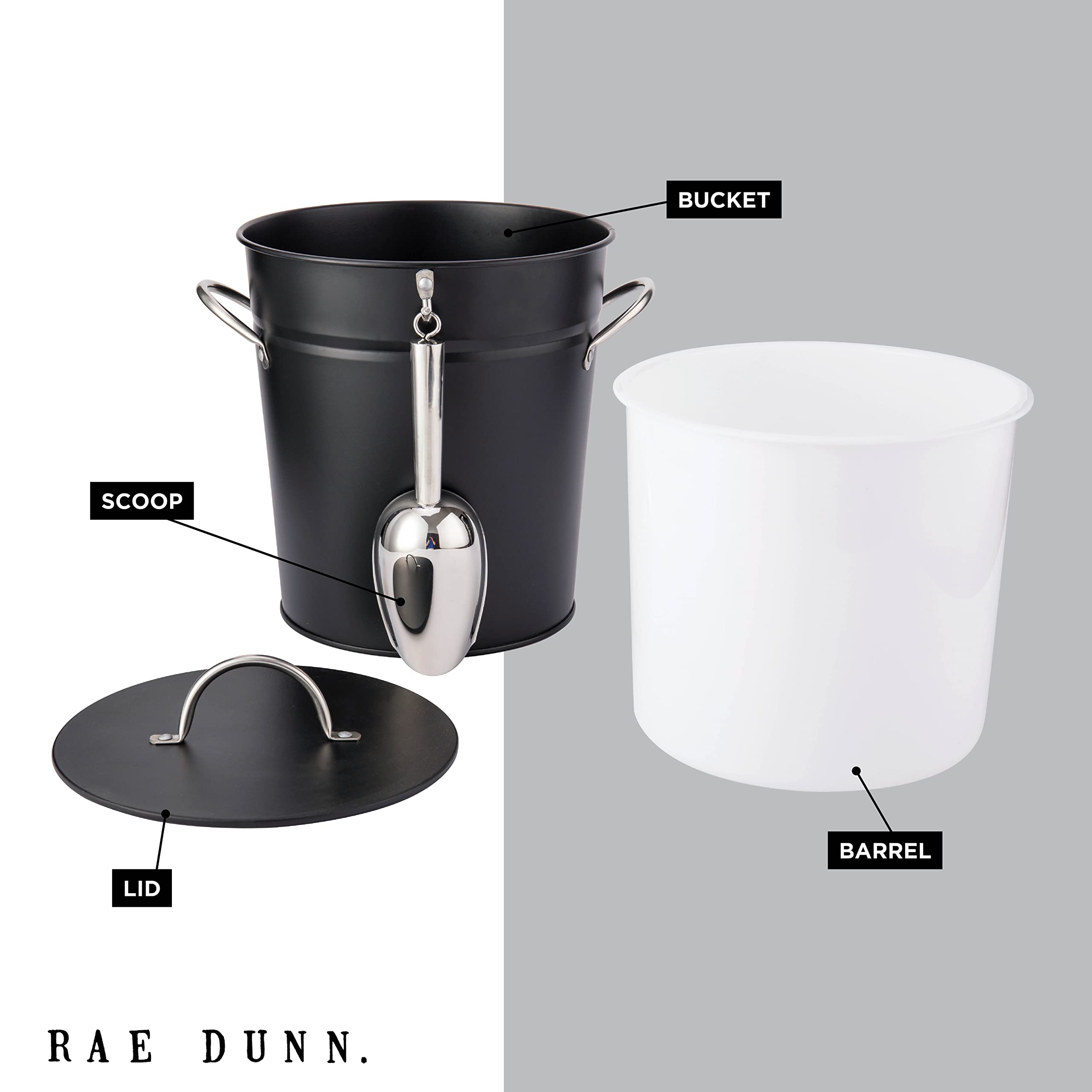 Rae Dunn Ice Bucket with Scoop - Stainless Steel Bucket with Handle, Lid and Ice Scooper - 4 Qt. Storage Bin for Ice Cubes for Bars, Parties, Backyard Barbeques, Picnics, and Camping (White)