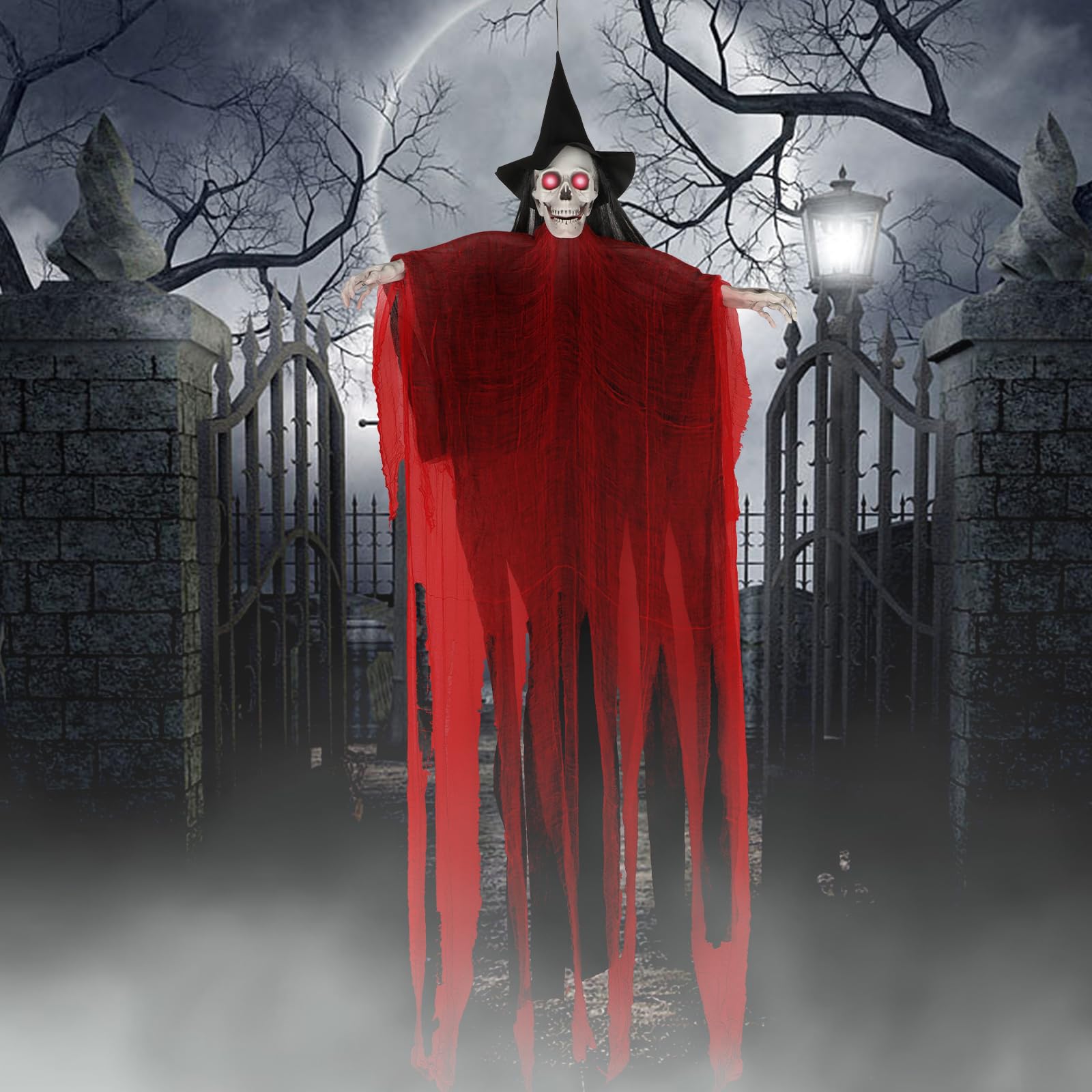 Lemon Legend Hallowen Decorations Outdoor - 78” Moving Life-Size Skeleton Witch with Glowing Eyes & Chilling Sounds - Sound & Touch Activated Sensor - Animatronic Scary Props Decor for Halloween