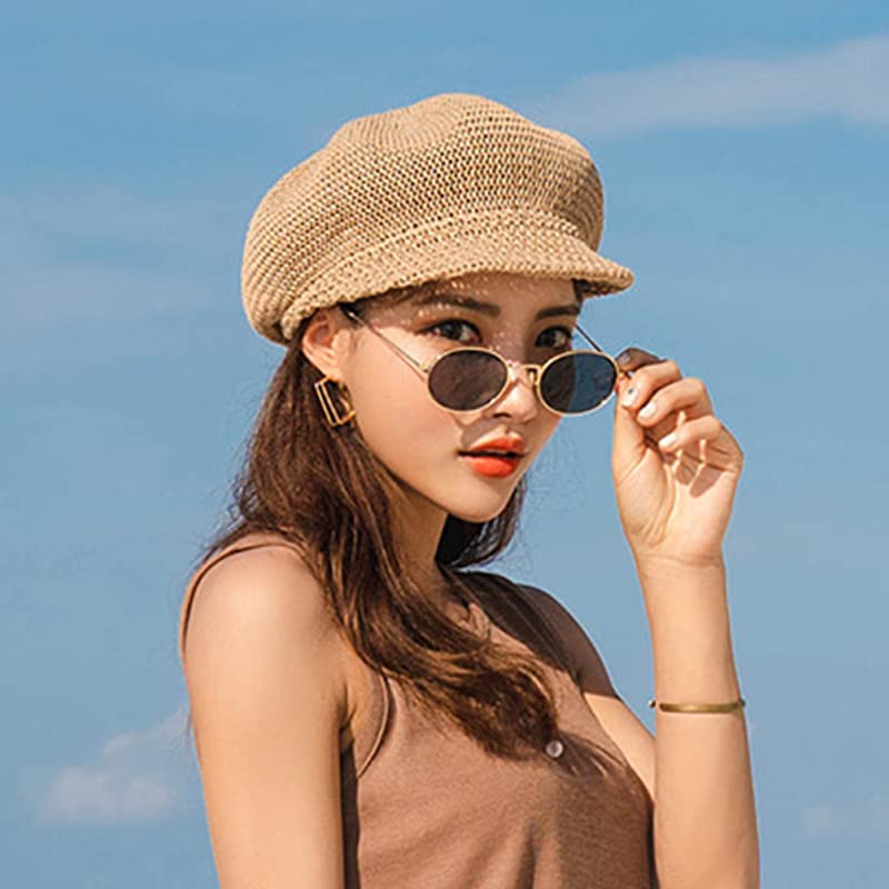 Octagonal Cap Straw Women Summer Thin Newsboy Cap Painter Adjustable Rope Knitted Beret Mesh Breathable Boinas para Mujer, One Size