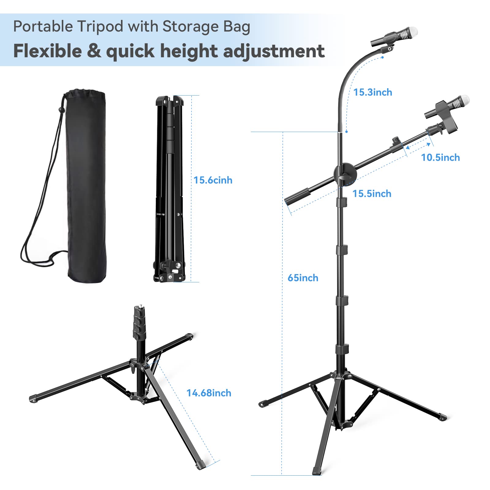 Microphone Tripod Stand, KDD Gooseneck Mic Boom Arm Stand Height Adjustable 30" - 80" with Two Mic Clips, Two Mic Arms and 3/8" to 5/8" Adapter for Singing, Stage, Blue Yeti Snowball, Most Mics
