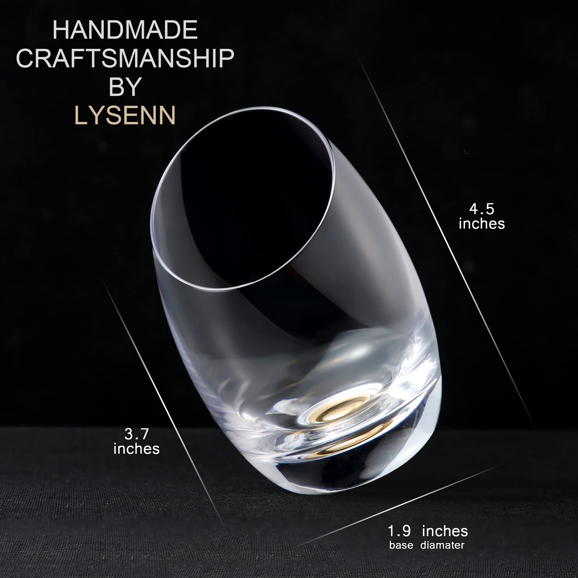Lysenn Stemless Wine Glasses Set of 2 - Designer Hand Blown Crystal Whiskey Glasses - Unique Gold Base and Tilted Rim Brandy Snifter for Red Wine, Cocktails, Bourbon and Champagne β 10 oz.