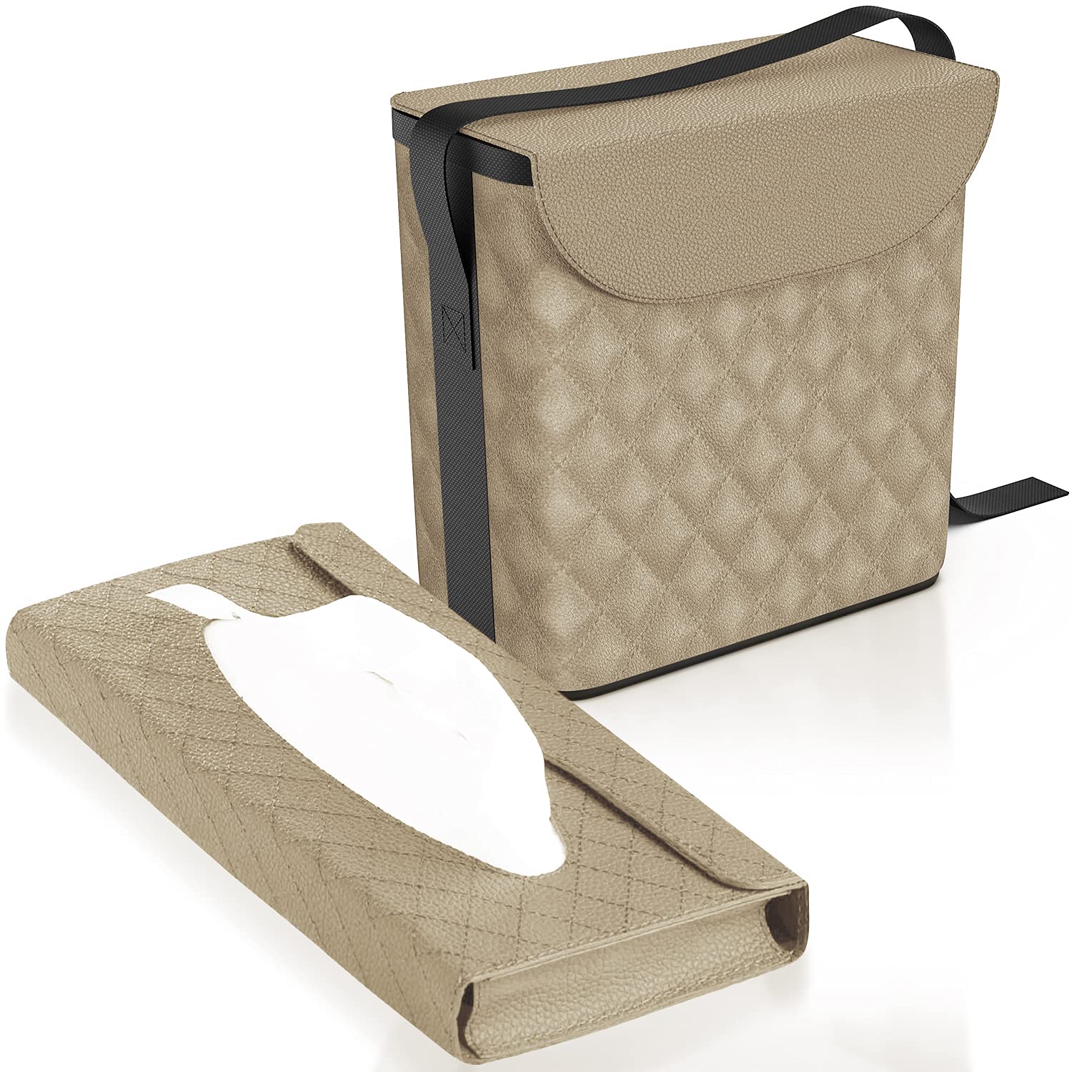 LUXXE - Refined Leather Car Trash Can - Car Garbage Can with Matching Tissue Box - Car Trash Container Water Proof - Car Trash Bag Machine Washable - Car Trashcan - Car Garbage Bag & Car Trash Bin