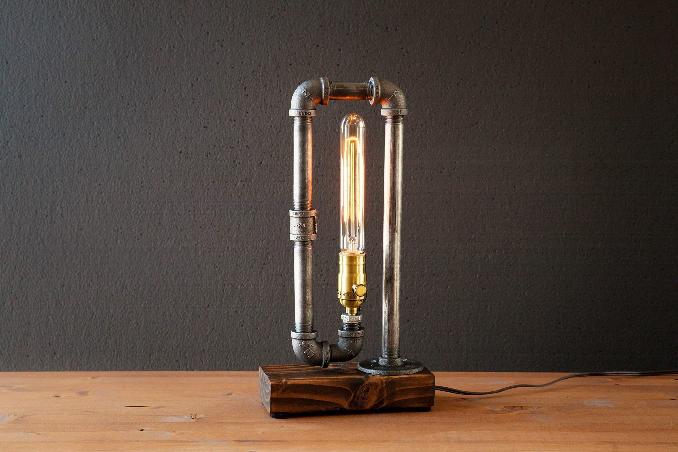Industrial Steampunk table pipe lamp with Classic Edison bulb and weathered wood base