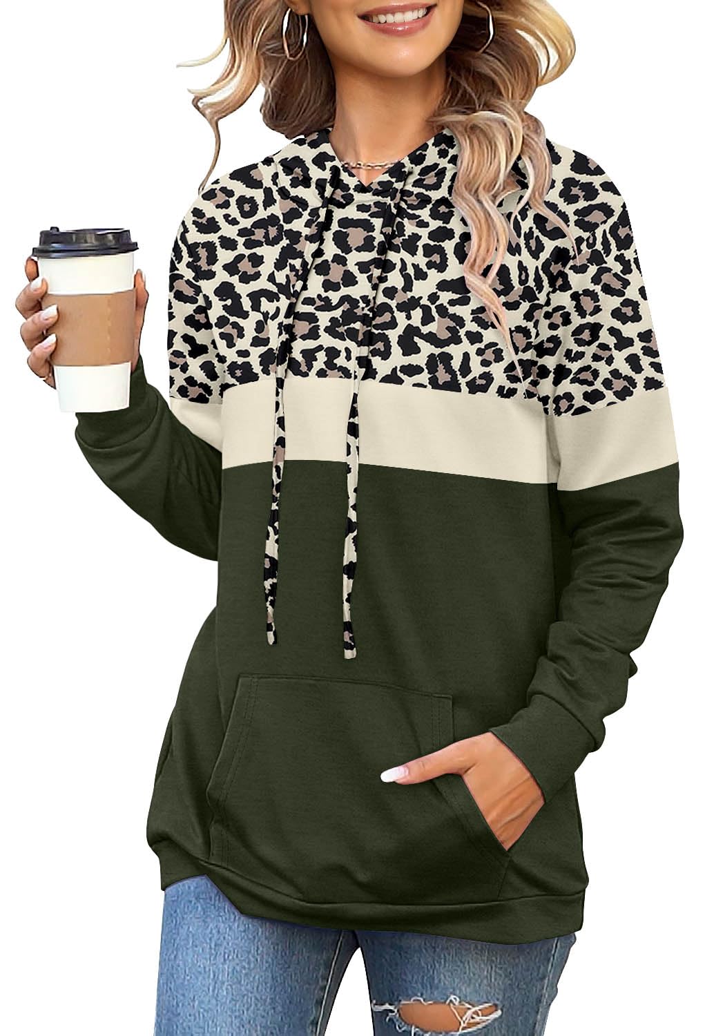 Leopard Print Hoodies for Women Long Sleeve Cheetah Shirts Color Block Fall Tops Drawstring Pullover Sweatshirt L
