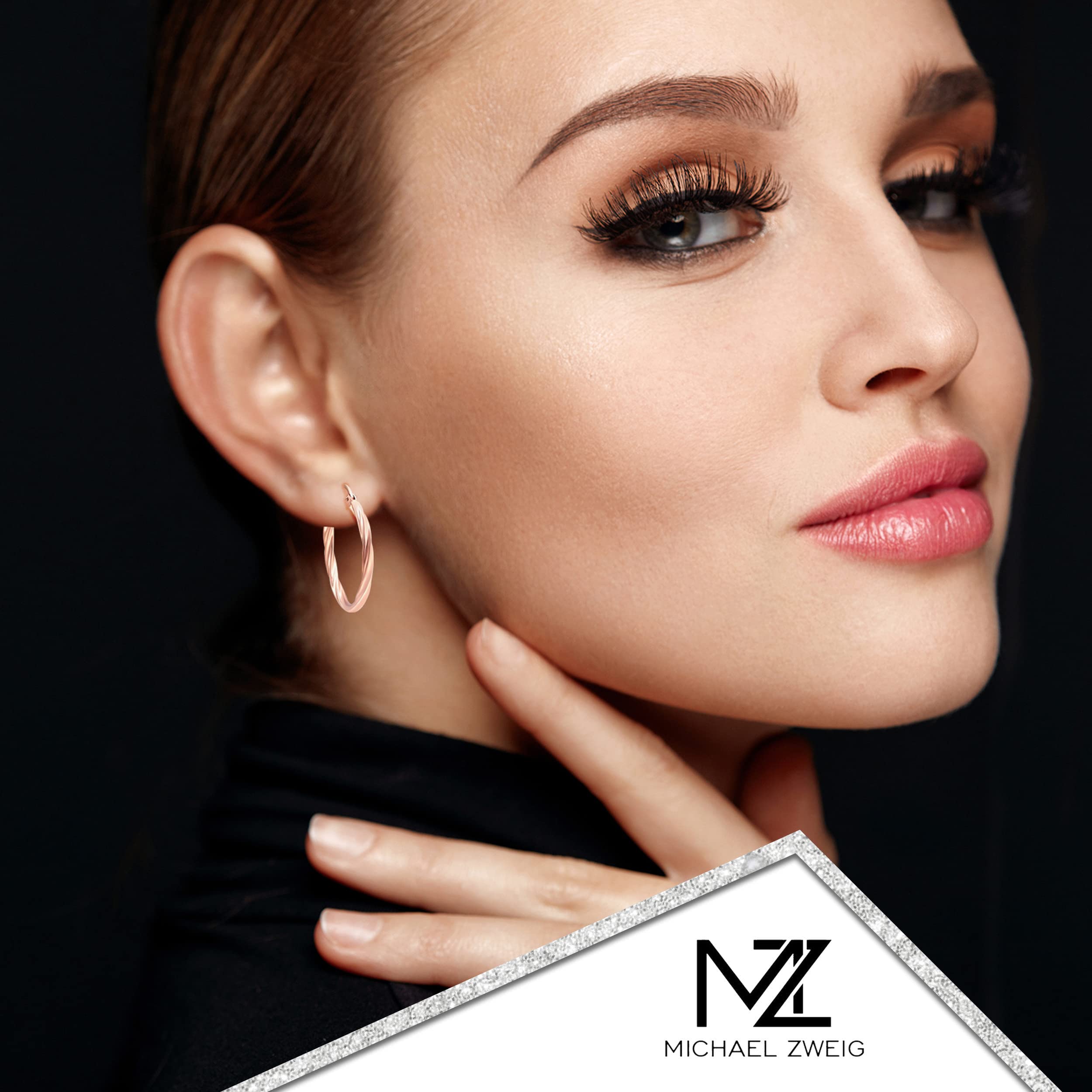 Michael Zweig Rose Gold Plated Sterling Silver Twist Hoop Earrings with Click-Top Tube Size 2.0mm Hoops Outside Diameter 30mm
