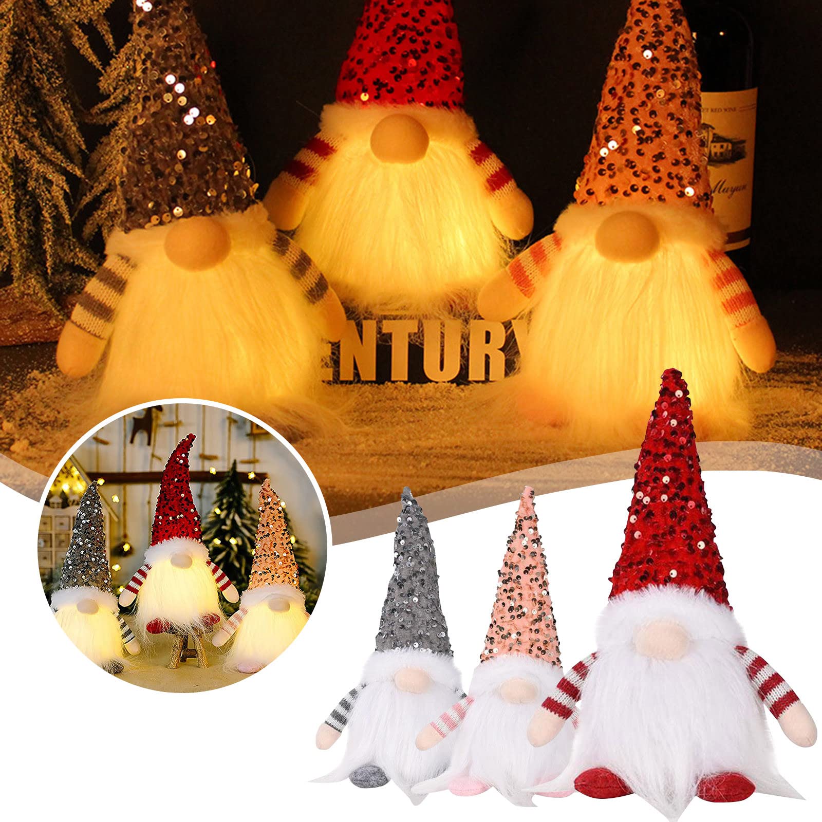 IAMAGOODLADY Christmas Decoration Christmas Sequins with Lights Rudolph Doll Christmas Luminous Faceless Doll Ornaments Cute Handmade Swedish Gnome Dwarf Plush Elf Toy Home Decor Table Ornament