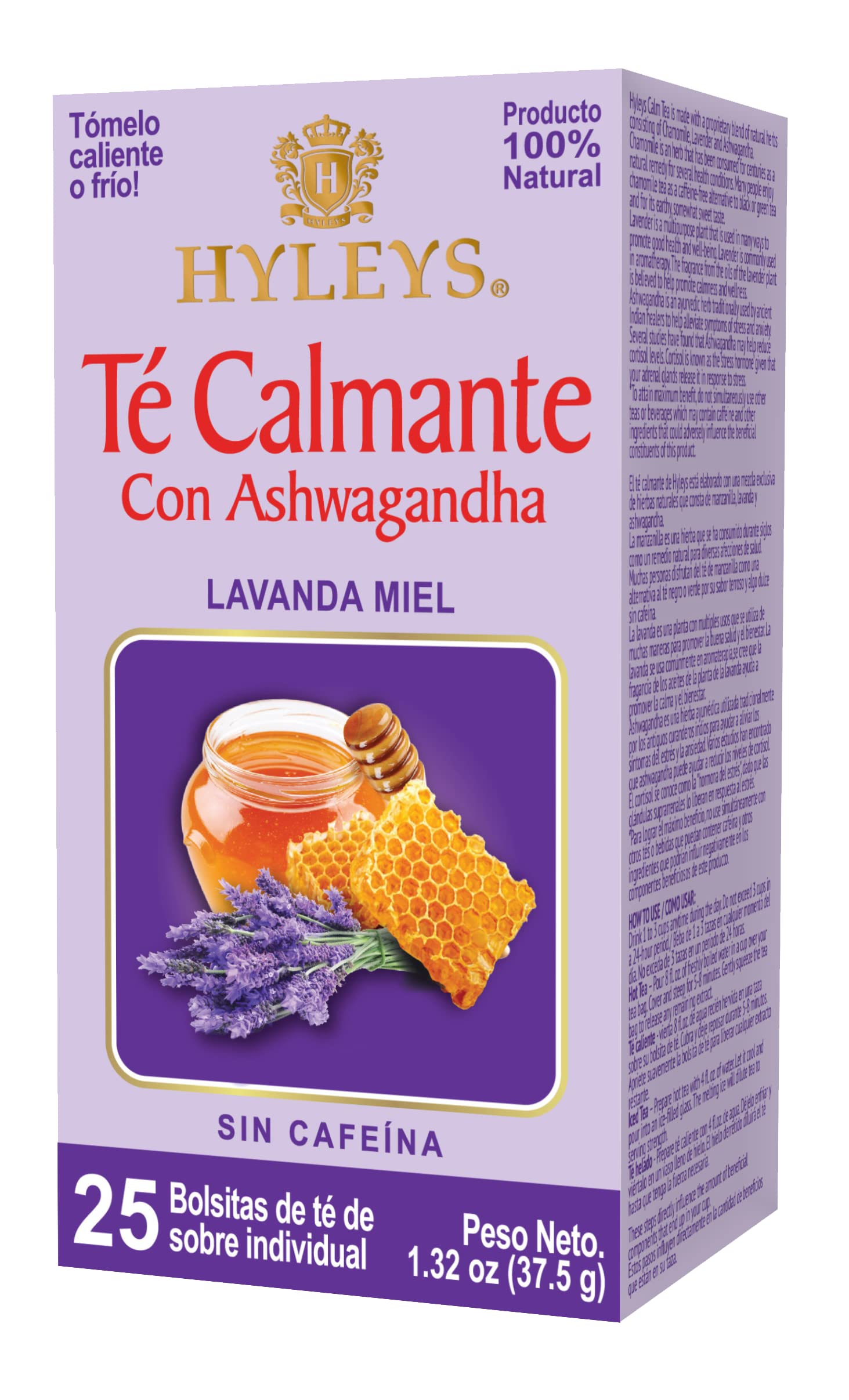 Hyleys Calm Tea with Ashwagandha - Lavender & Honey Flavor - Caffeine-Free, 100% Natural Herbal Tea - 25 Tea Bags