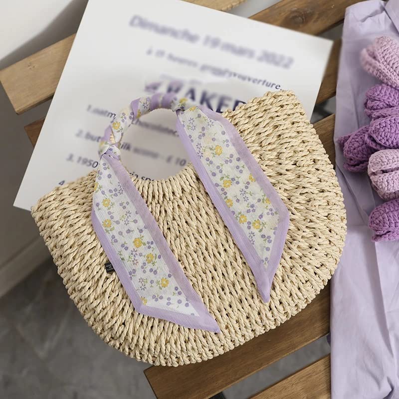 n/a Summer Handmade Woven Rattan Straw Bag Round Handle Purple Tote Beach Vacation Female Semicircle Handbag (Color : B, Size : One Size)