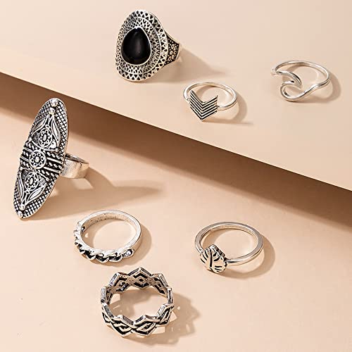 Octwine Boho Silver Leaf Knuckle Open Ring Set Vintage Stackable Black Midi Finger Rings Set Stacking Ring Jewelry for Women Girls 7Pcs