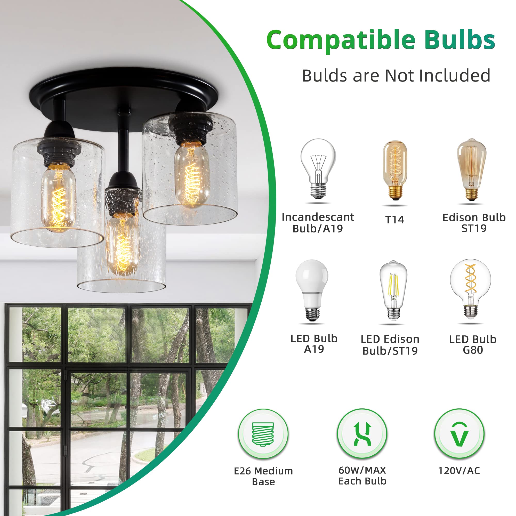 LEDIARY Semi Flush Mount Ceiling Light, 3-Light Industrial Black Matte Light Fixtures Ceiling Mount, Hallway Light Fixtures with Clear Seeded Glass Shades for Kitchen, Entryway, Bedroom, Foyer