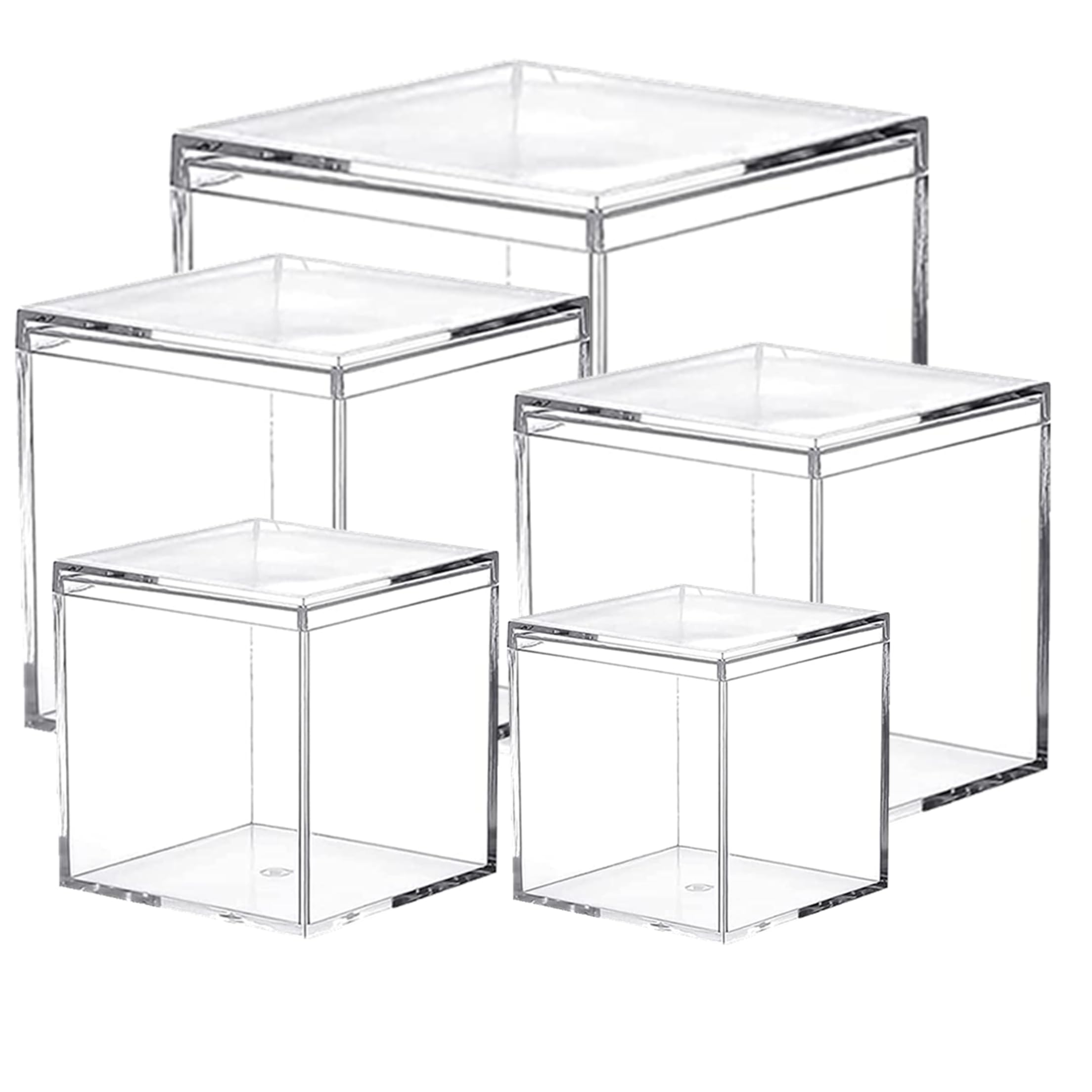 Set of 5 Crystal Clear Acrylic Cube Display Boxes Acrylic Stand Risers Transparent Square Cube Containers, Decorative Acrylic Storage Boxes with Lids for Collectibles,Wedding, Party, Treats, Jewelry