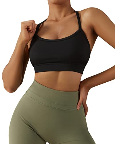 MOOSLOVER Women Strappy Sports Bra Crisscross Back Yoga Bras Padded Backless Medium Support Tops(L,#6 Black (Y back)-215)