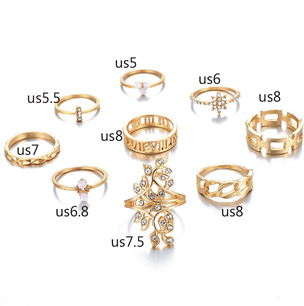 Octwine Dainty Star Leaf Knuckle Rings Gold Rings Set Bohemian Open Rings Set Jewelry Rings Accessory for Women and Girls(9 pcs)