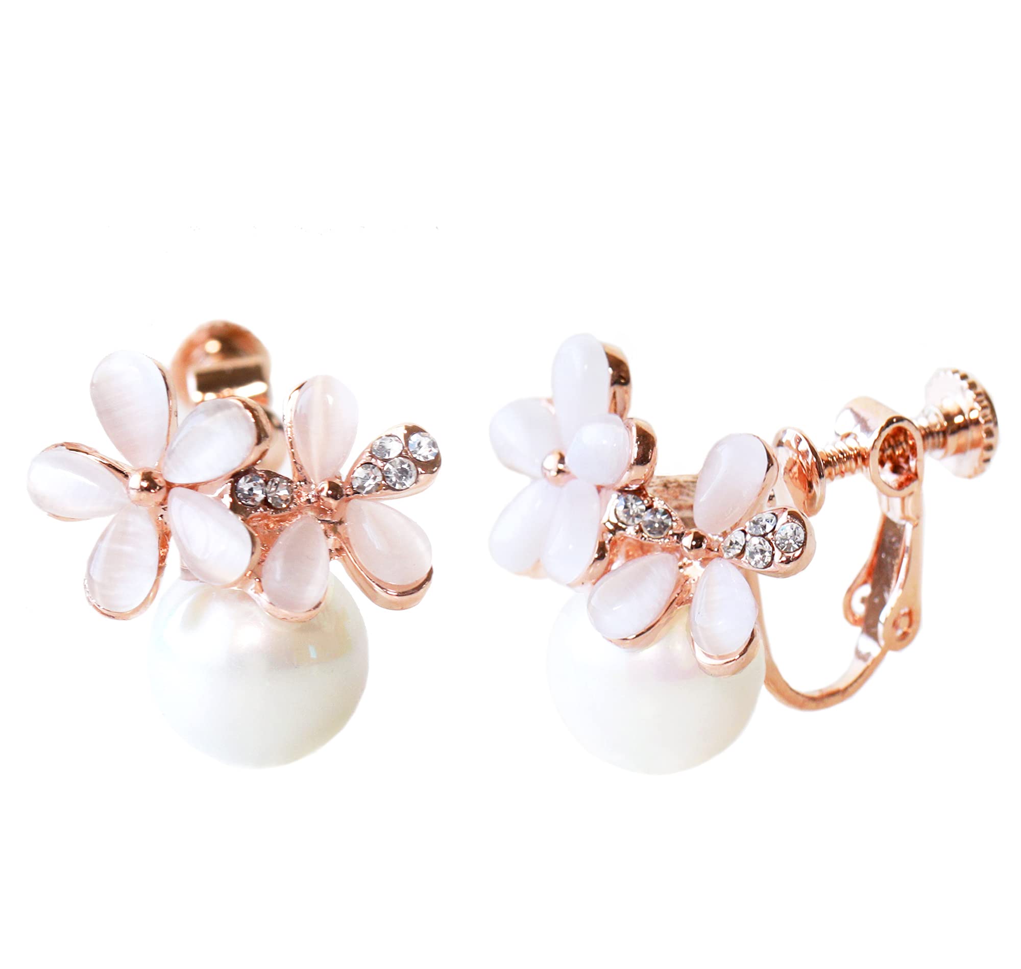 JewelryLand Soft Pink Cat Eye Stones Flower White Simulate Pearl Clip-On Cluster Earrings