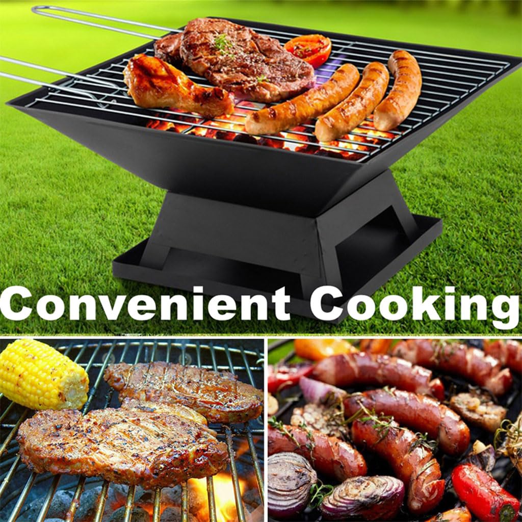 HOYOC 19" Portable Propane Fire Pit for Camping Wood Fire Pit with Cooking Grill Metal Outdoor Fire Pit Table Multiuse Square Patio BBQ Firepit for Patio Backyard Garden Picnic Bonfire Camping
