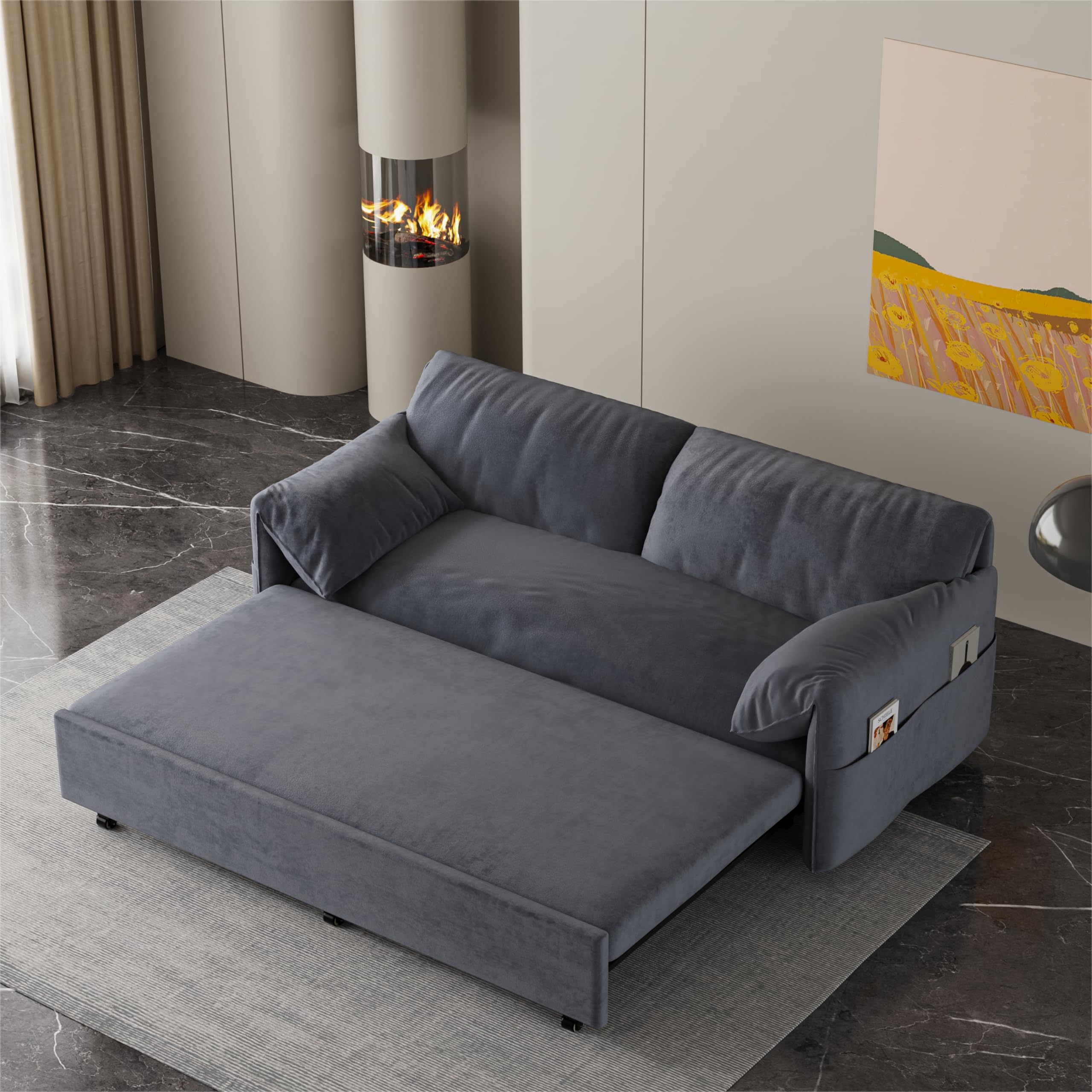 Idel HomSof 63.8" Queen Pull Out Sofa Bed,3-in-1 Convertible Sleeper Sofa with Side Storage and 2 Soft Pillows,Multi-Functional Velvet Loveseat Bed for Living Room,Bedroom,Apartment,Office,Grey