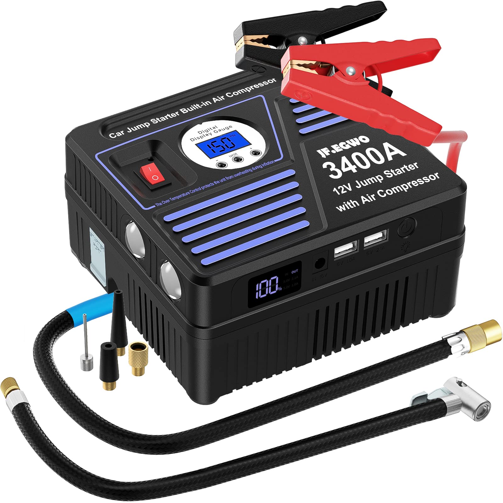 JF.EGWO Portable Car Jump Starter with Air Compressor, 1000 AMP Lithium Car Jump Starter for Up to 8.5L Gas or 8.0L Diesel Engine, 150 PSI Tire Inflator Pump, USB Charging Ports and 2 LED Light