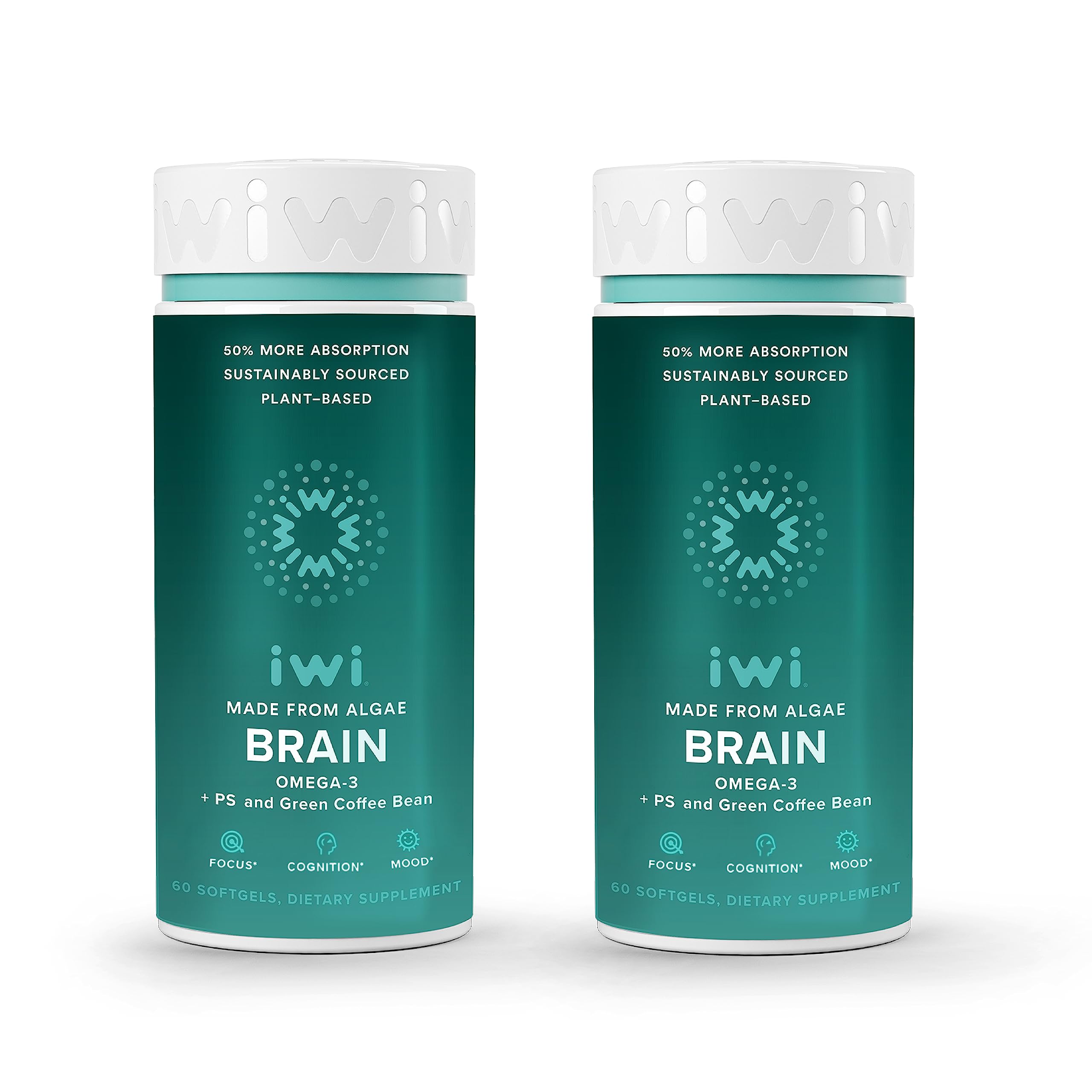 iwi life Brain Omega-3, 120 Softgels (60 Servings), Vegan Plant-Based Algae Omega-3 with EPA + DHA, Focus, Memory and Mood Support Dietary Supplement, Krill & Fish Oil Alternative, No Fishy Aftertaste