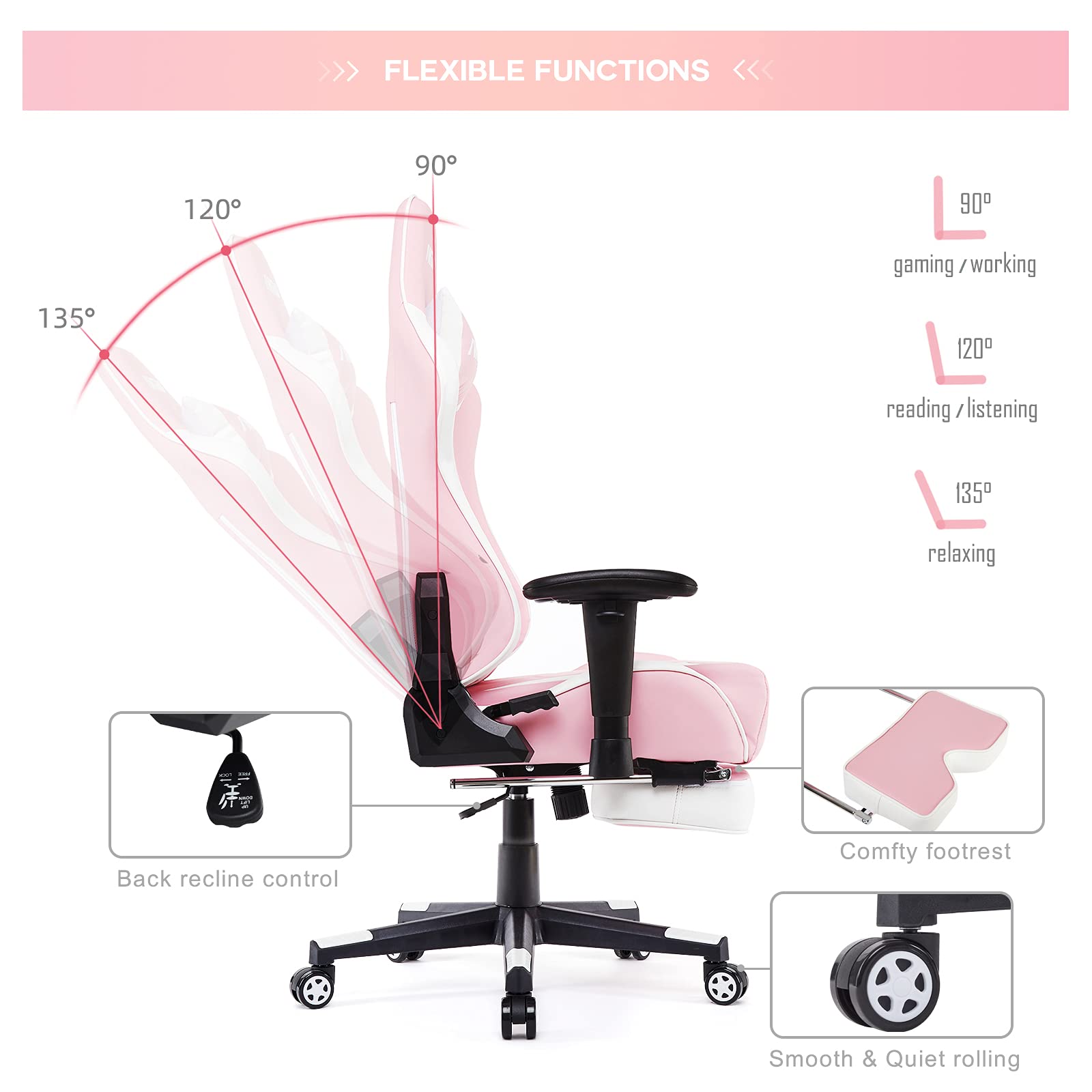 IWMH Gaming Chair with Footrest Ergonomic, High Back Reclining Computer Desk Chair for Home Office, Adjustable Leather Racing Chair with Headrest Lumbar Support (Pink)