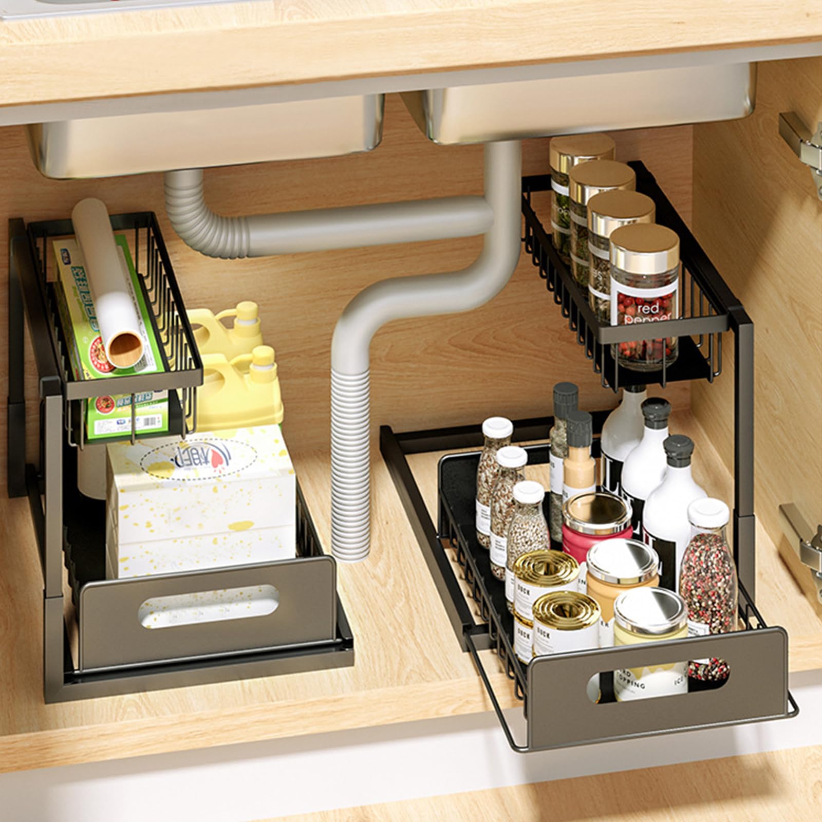 LEWORKUS Under Sink Organizer, 2-Tier with Sliding Large Capacity Heavy Load Pull-out Under Sink Shelves Multi Purpose for Under Kitchen Bathroom Sink Organizers and Storage