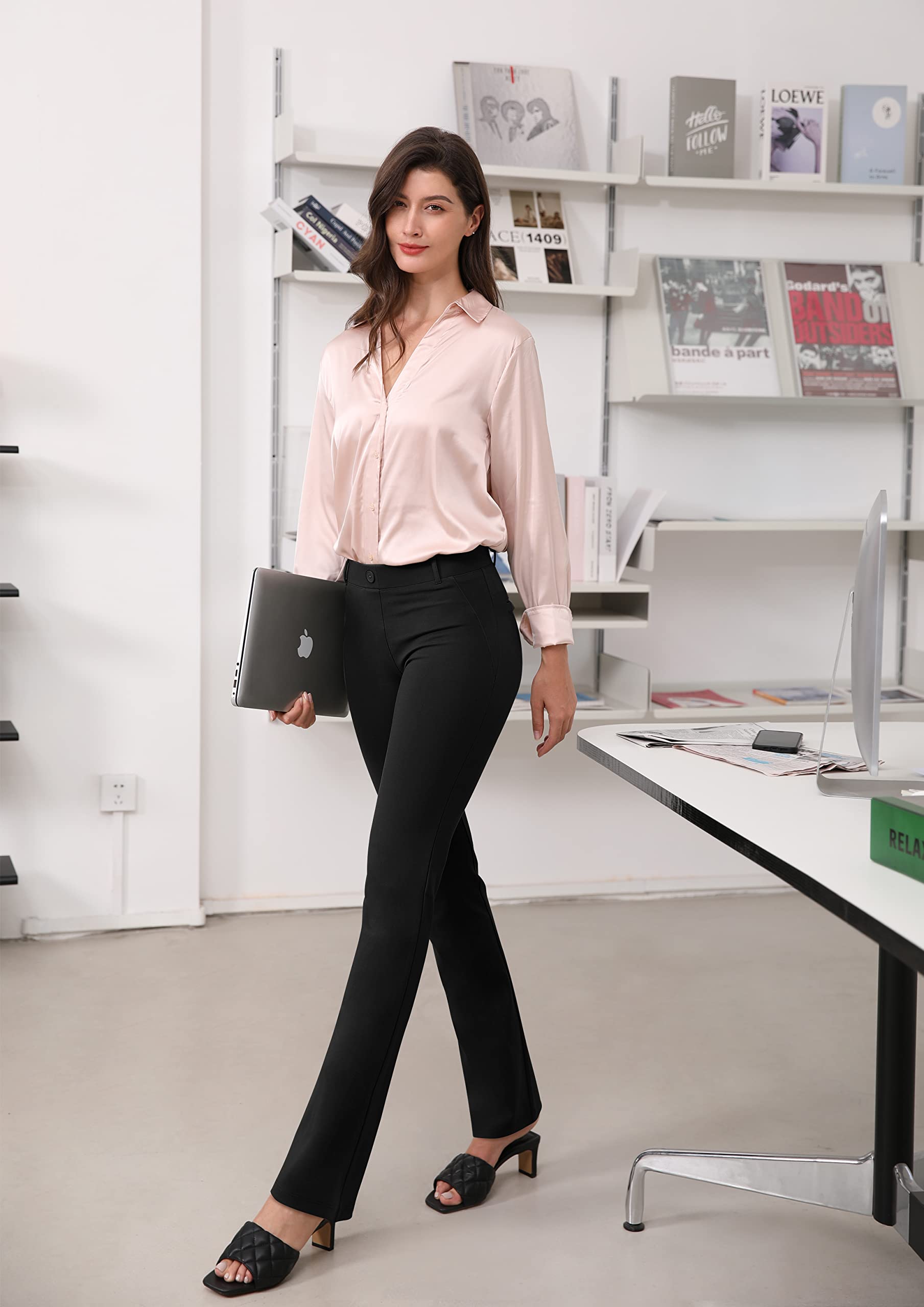 ODODOS Women's Straight Leg Thick Classic Dress Pants Office Slacks Business Casual Work Pants-29 Inseam, Black, Small