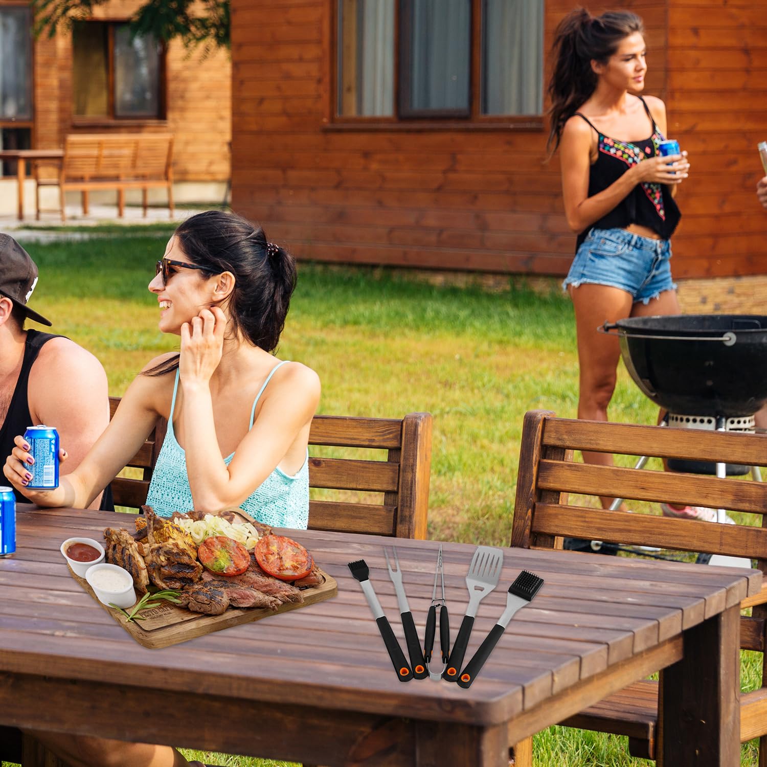 HILIVESVALUE BBQ Accessories Grill Tools Set, 5Pcs BBQ Tools Set with Spatula, Basting-Brush, Tongs, Fork,Premium Stainless Steel Grill Accessories Outdoor Cooking Tool Set Gift for Men