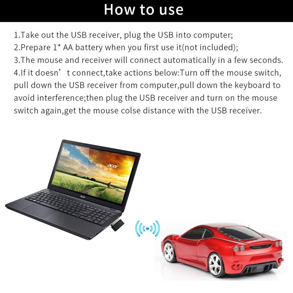 Keyron Wireless Car Mouse, 2.4G Optical Ergonomic USB Wireless Game Mice 1600DPI for Laptop Pc Desktop Windows 10