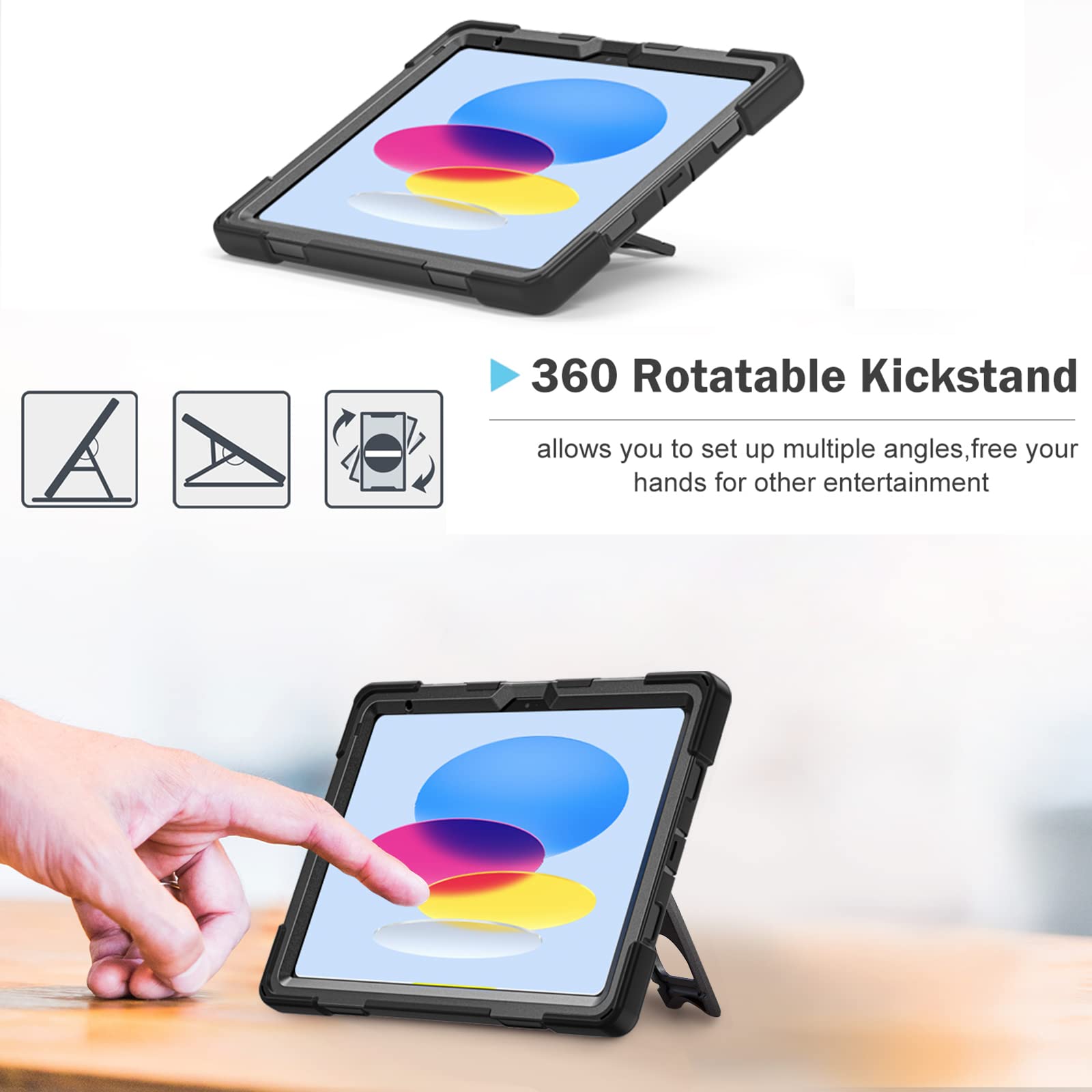 ProCase Heavy Duty Case for iPad 10th Generation 10.9 Inch 2022, Rugged Shockproof Cover Rotating Kickstand with Handle Holder Shoulder Strap for 10.9" iPad 10 –Black