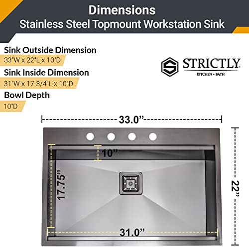 Strictly Sinks 33β Topmount Kitchen Workstation Sink-Gunmetal Black Single Bowl 16 Gauge Stainless Steel Drop In Sink, Acrylic Cutting Board,Cutting Board with Strainer Bowl & Bottom Protector Grid