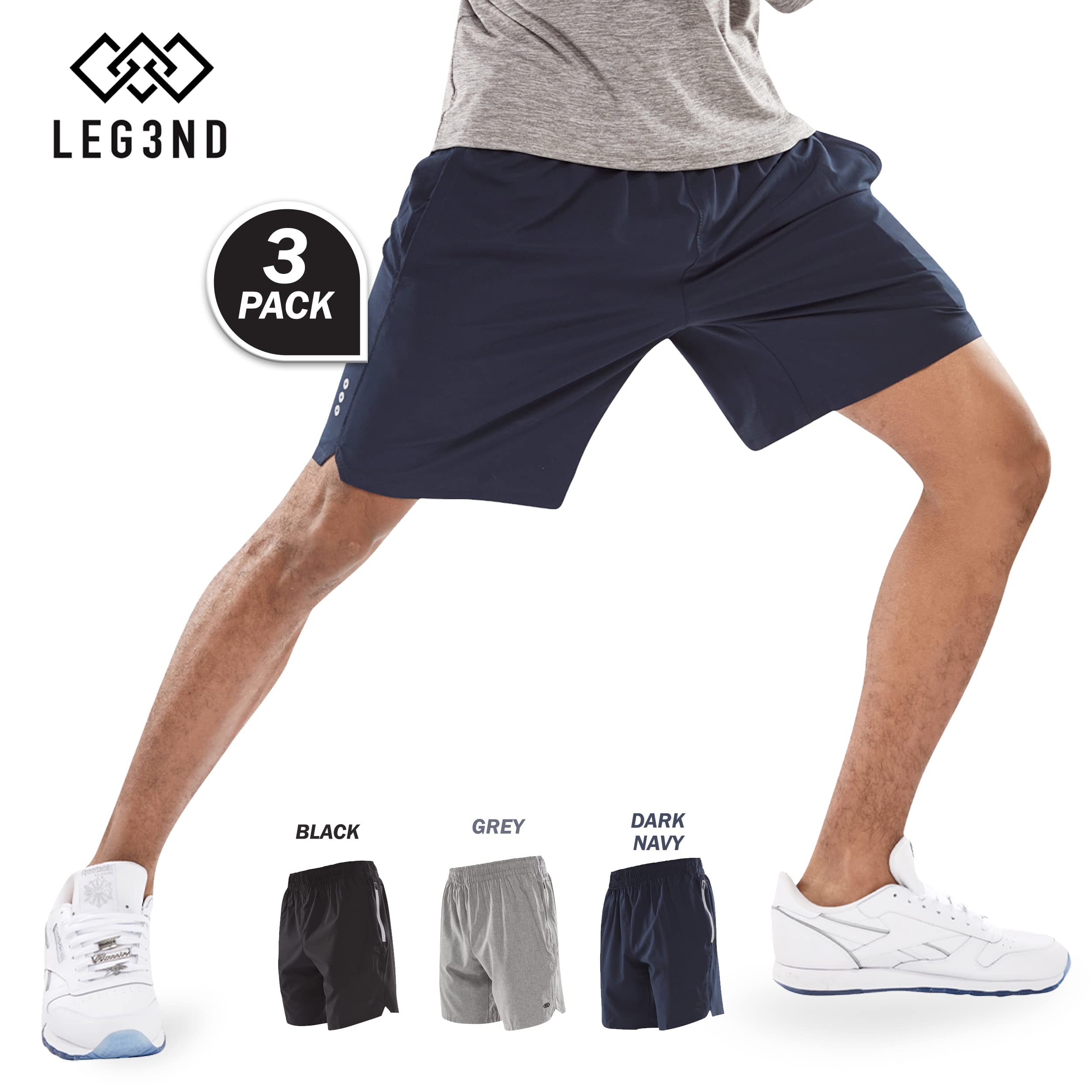 LEG3ND Mens Workout Shorts β 3 Pack Tech Running Quick Dry Gym Shorts with Zip Pockets