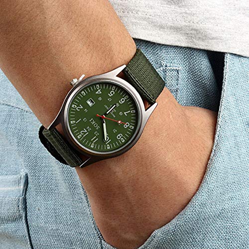 JewelryWe Men's Military Green Dial Nylon Strap Quartz Calendar Wrist Watch Night Vision Luminous Wristwatch for Father's Day