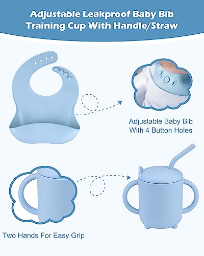 OFUN 8 Pack Silicone Toddler Feeding Set, Baby Led Weaning Supplies with Adjustable Bib, Divided Suction Plate, Bowl and a Sippy Cup, with 2 Spoon, 2 Folk, Eating Utensil for 6+ Months, Blue