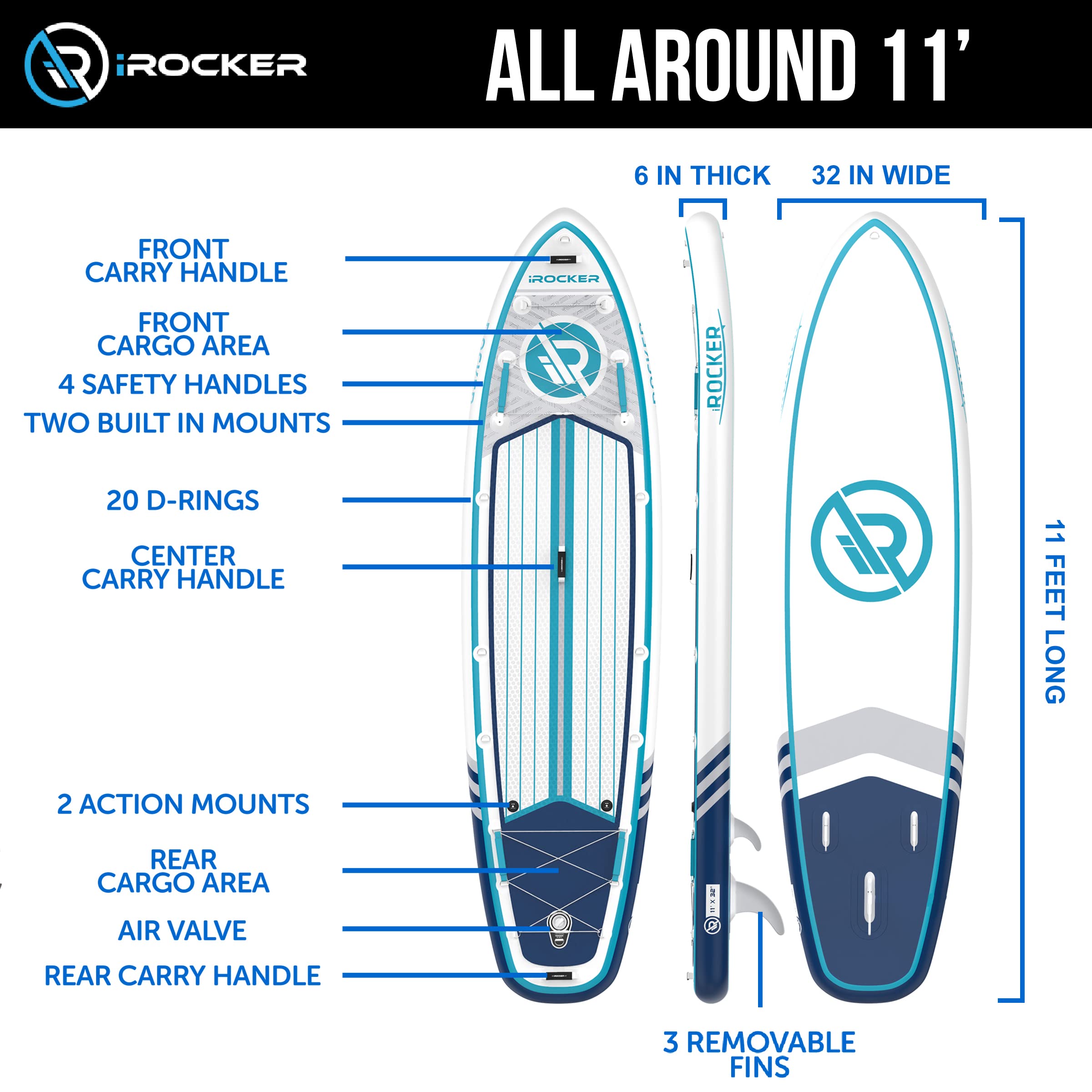 iROCKER All-Around Inflatable Stand Up Paddle Board, Extremely Stable 11' Long x 32" Wide x 6" Thick Premium SUP with Roller Bag, Carbon Paddle, Pump, Leash, Fins & Repair Kit, Orange